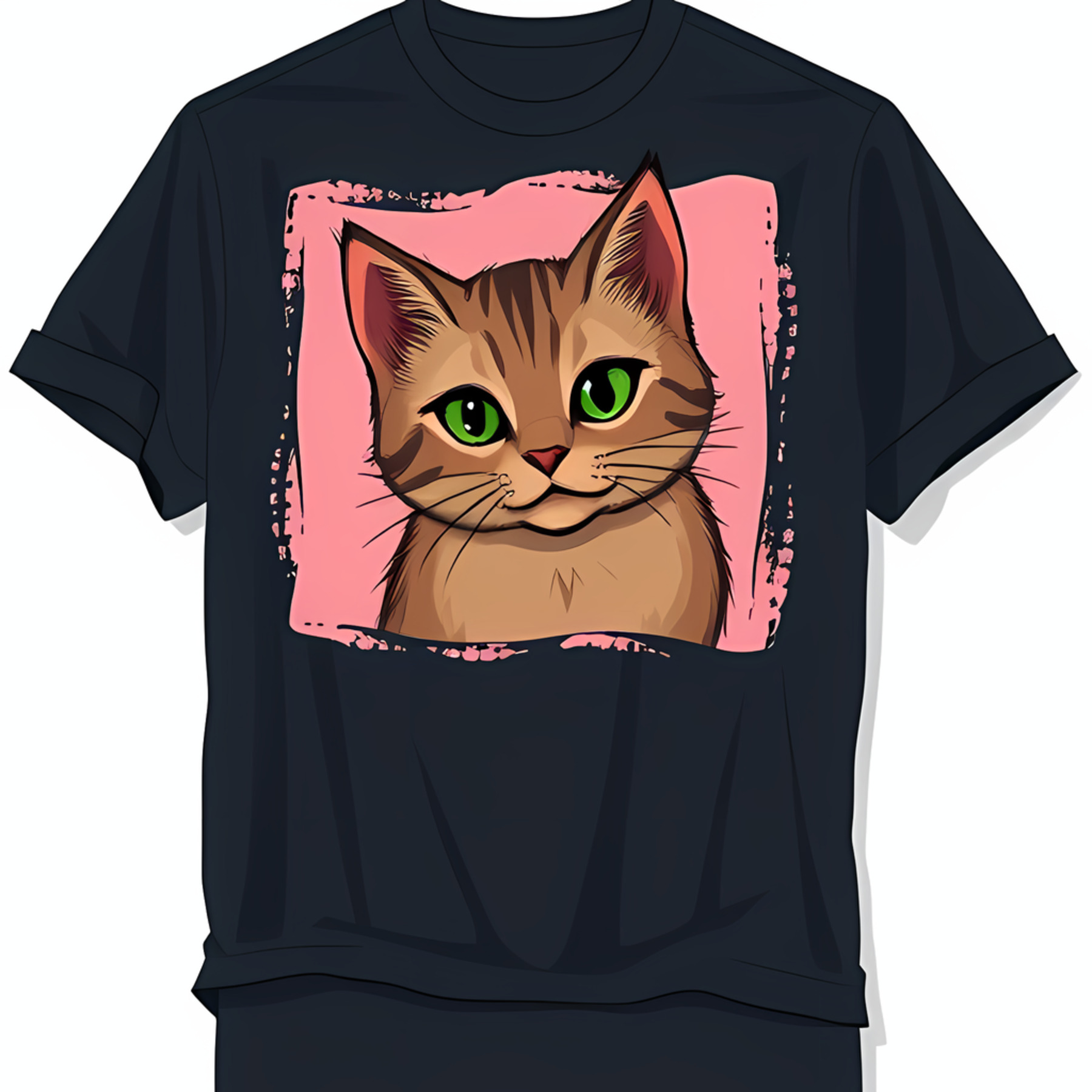 Black T-Shirt with Pink Square Cartoon Brown Tabby Cat & Green Eyes ...