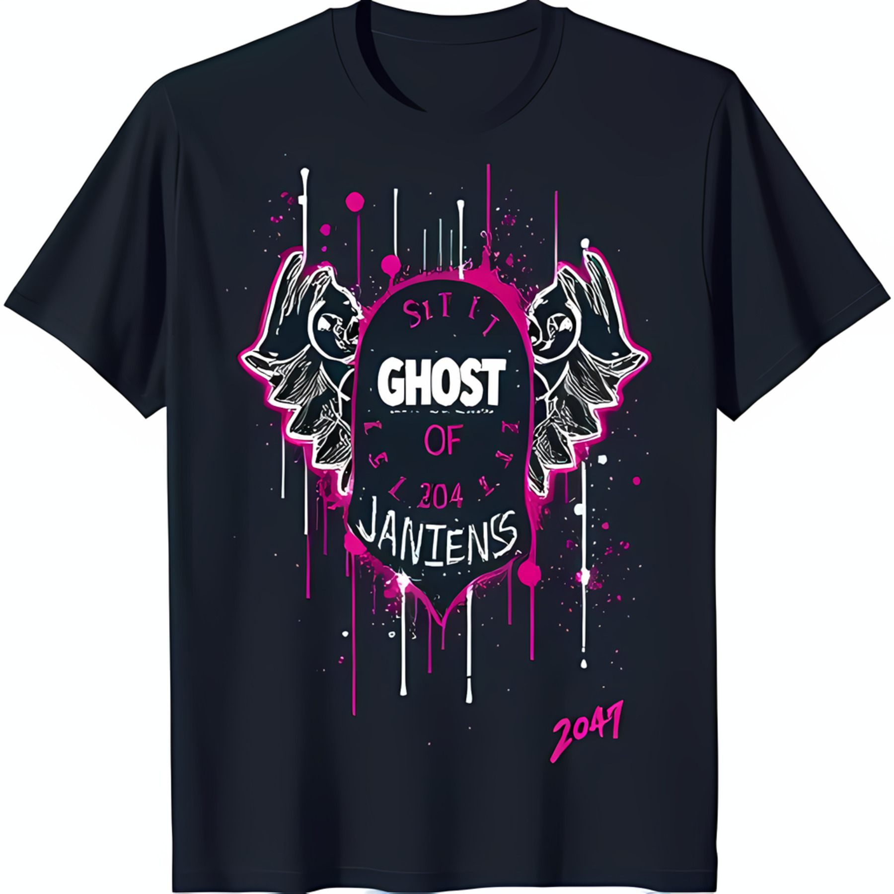 Black T-Shirt with Pink & White 'Ghost of Jantiens' Graphic Design ...