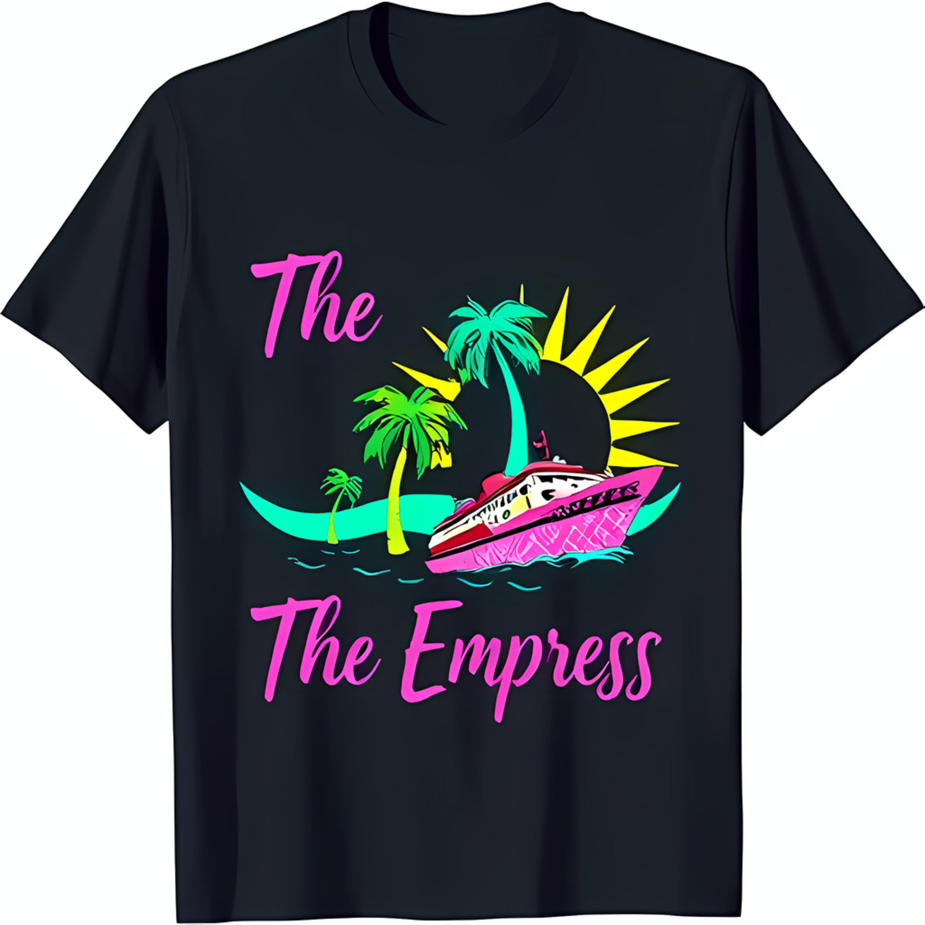 Black T-Shirt with Pink and White Cruise Ship Design Sunset & Trees ...