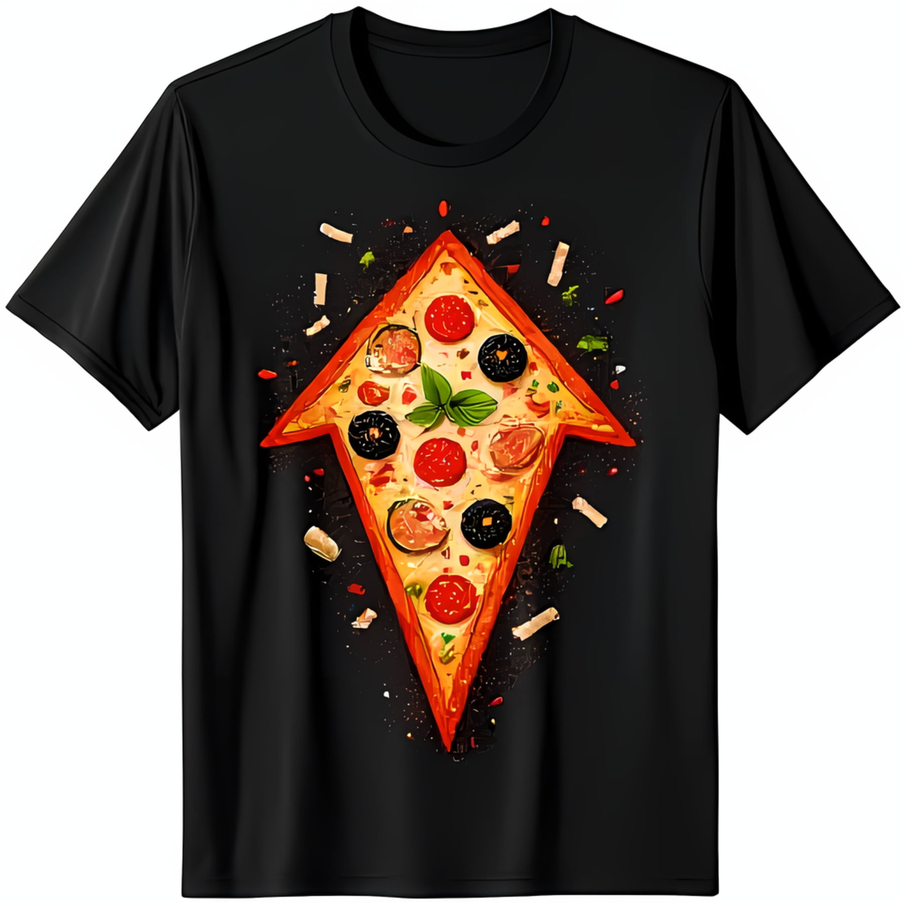 Black T-Shirt with Pizza Arrow Design Pepperoni Olives Mushrooms ...