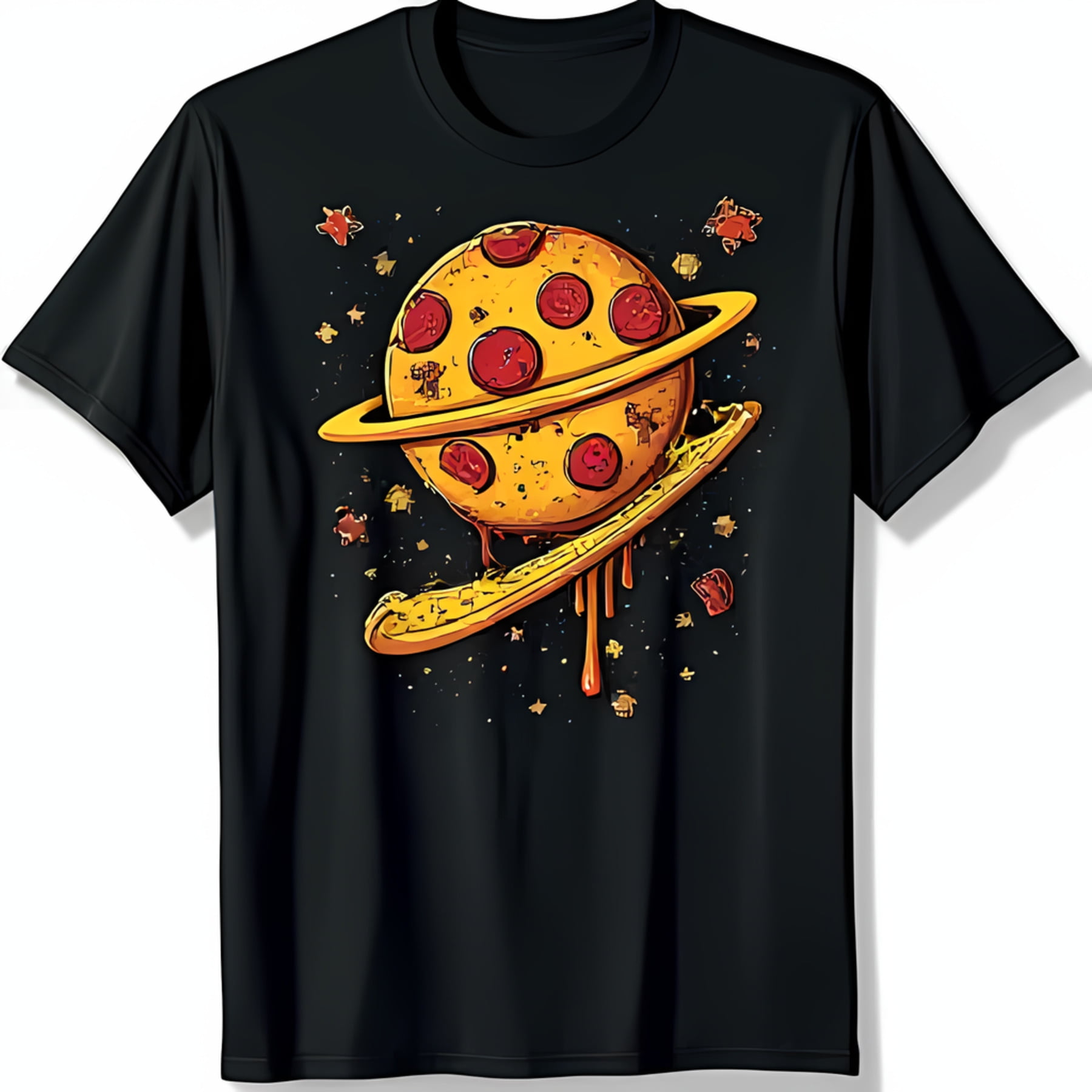 Black T-Shirt with Planet Shaped Pepperoni Pizza Graphic in Space ...