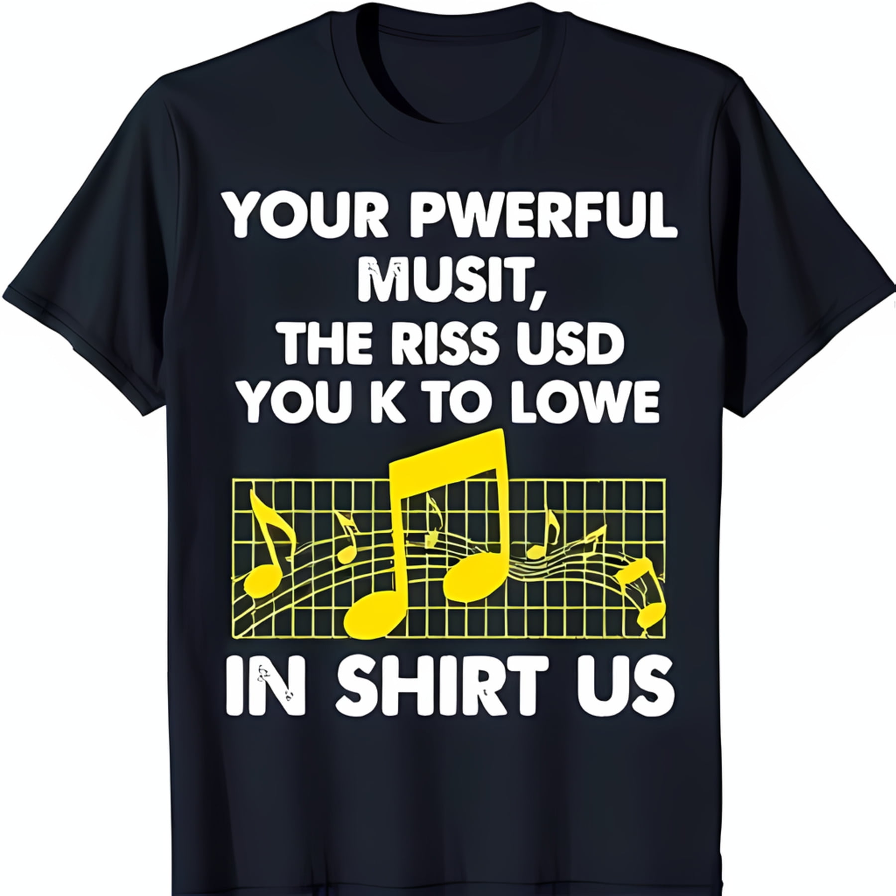 Black T-Shirt with Playful Music and Yellow Musical Notes Design ...