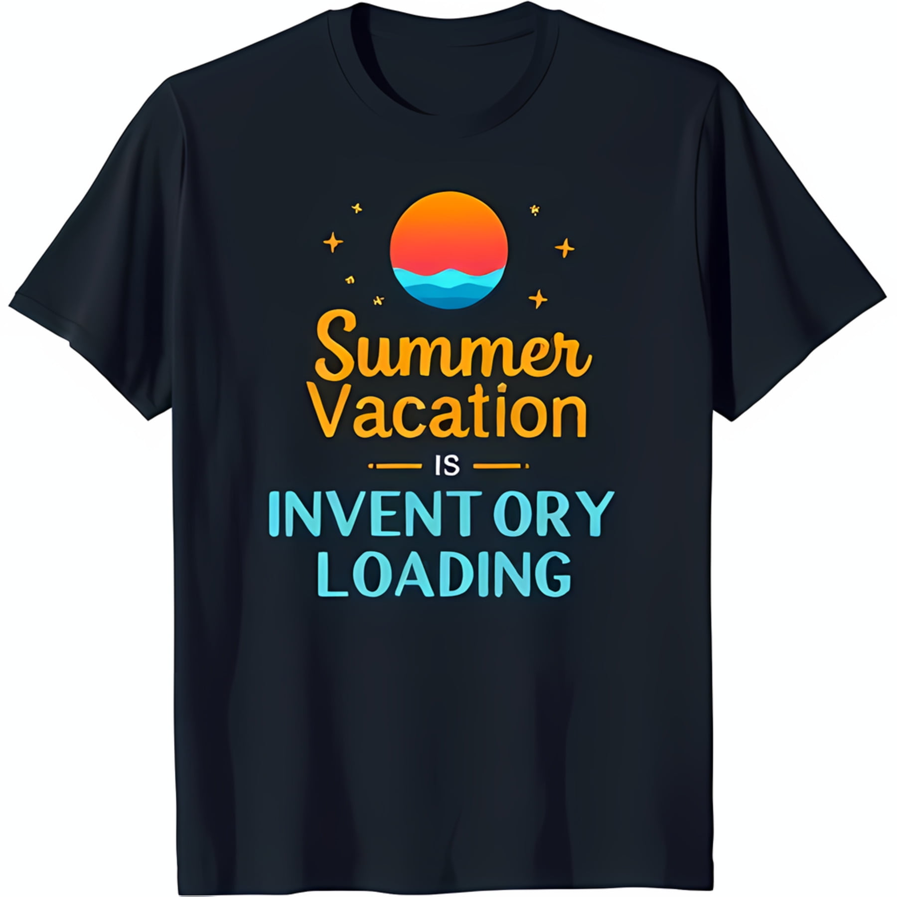Black T-Shirt with Playful Sunset Graphic and 'Summer Vacation is ...