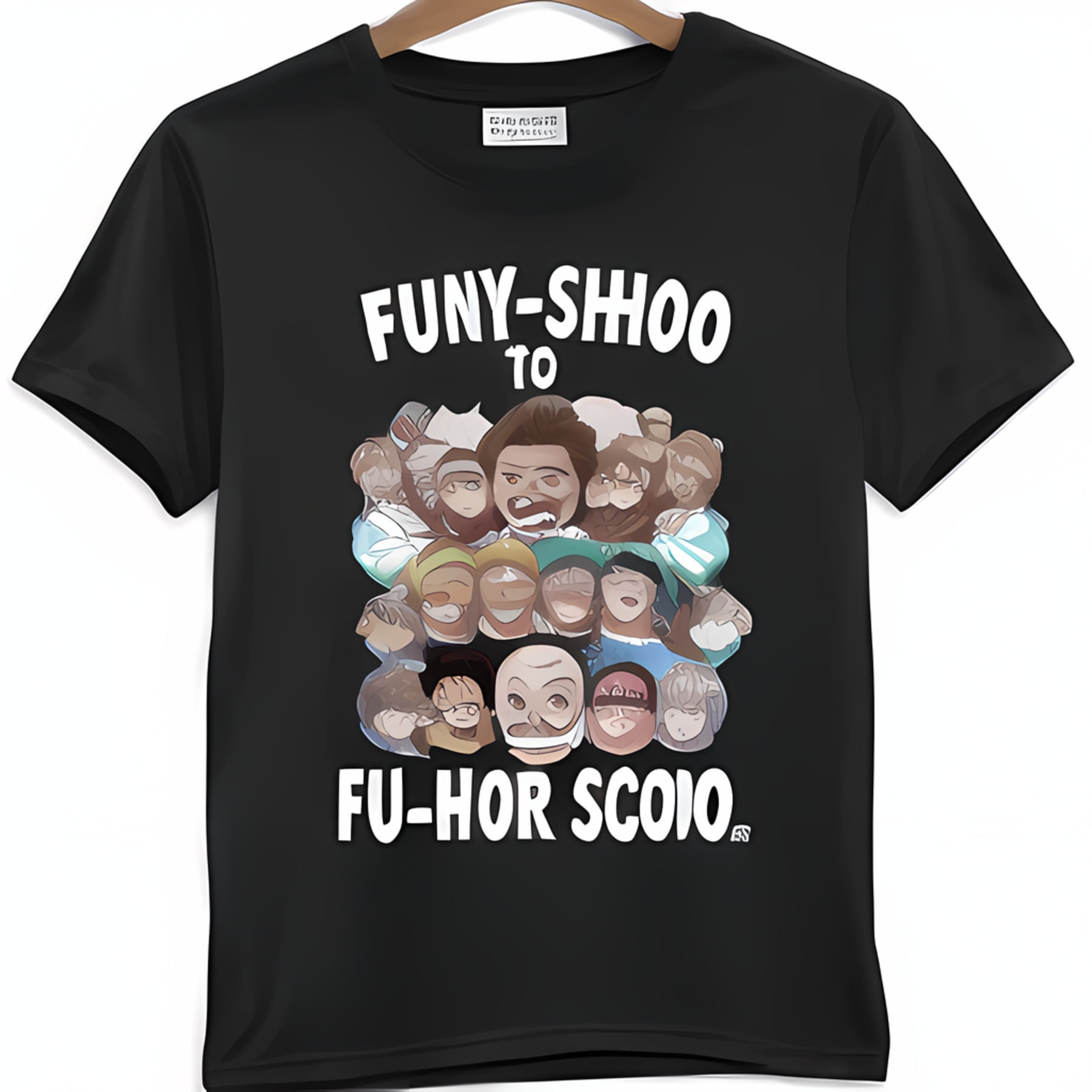 Black T-Shirt with Playful Typography and Stylized Facial Expressions ...