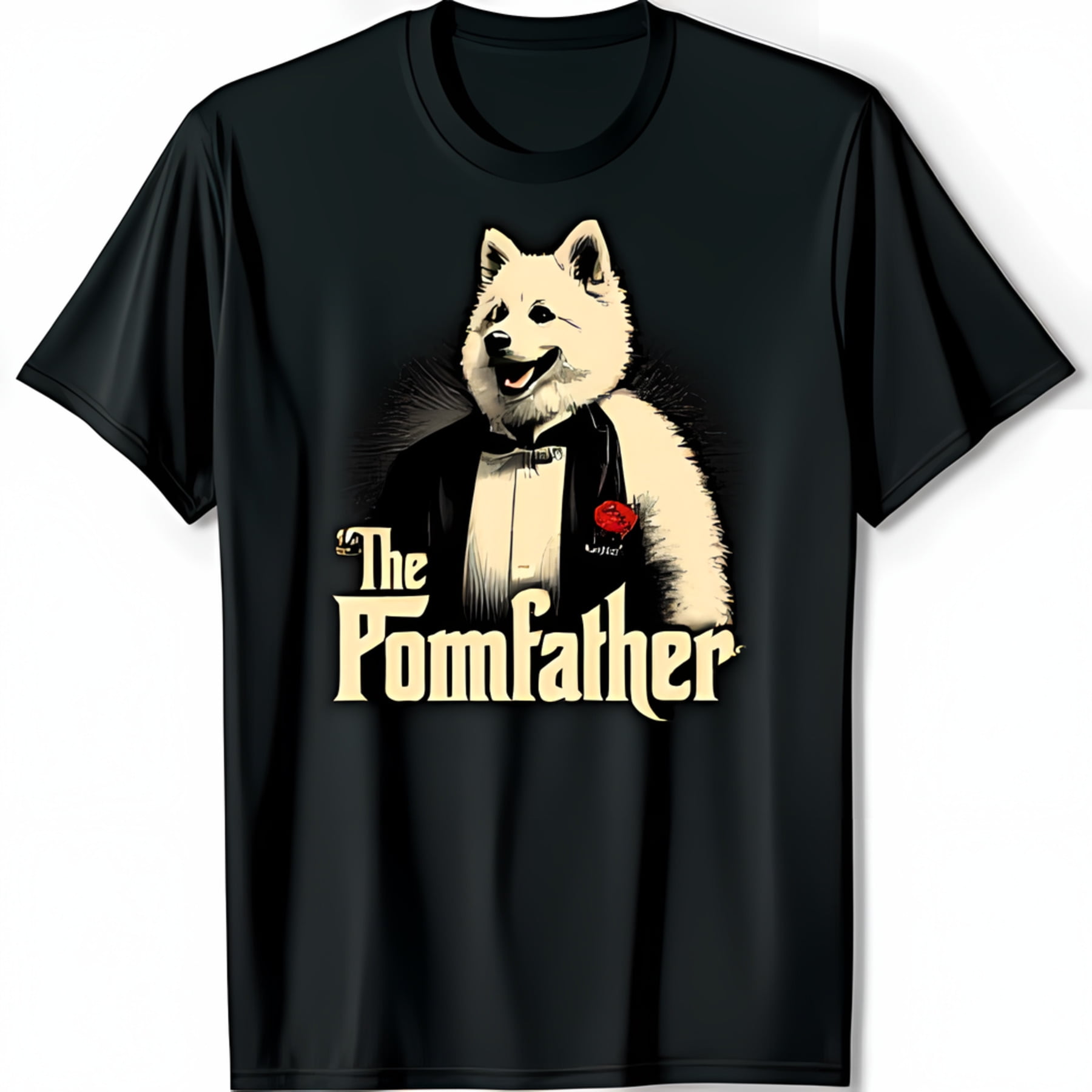 Black T-Shirt with Pomeranian in Holding Rose 'The Pomfather' Design ...