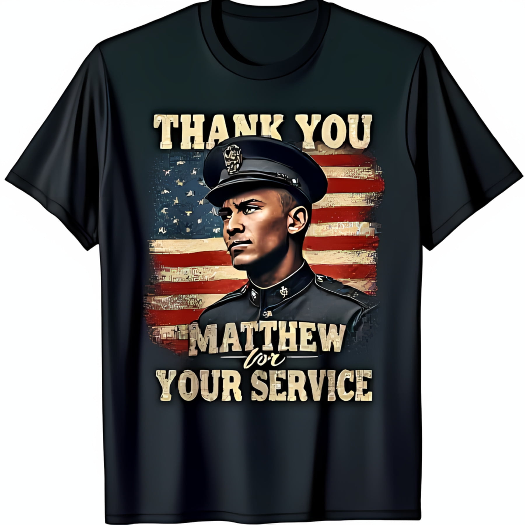 Black T-Shirt with Portrait Thank You Matthew for Your Service Graphic ...