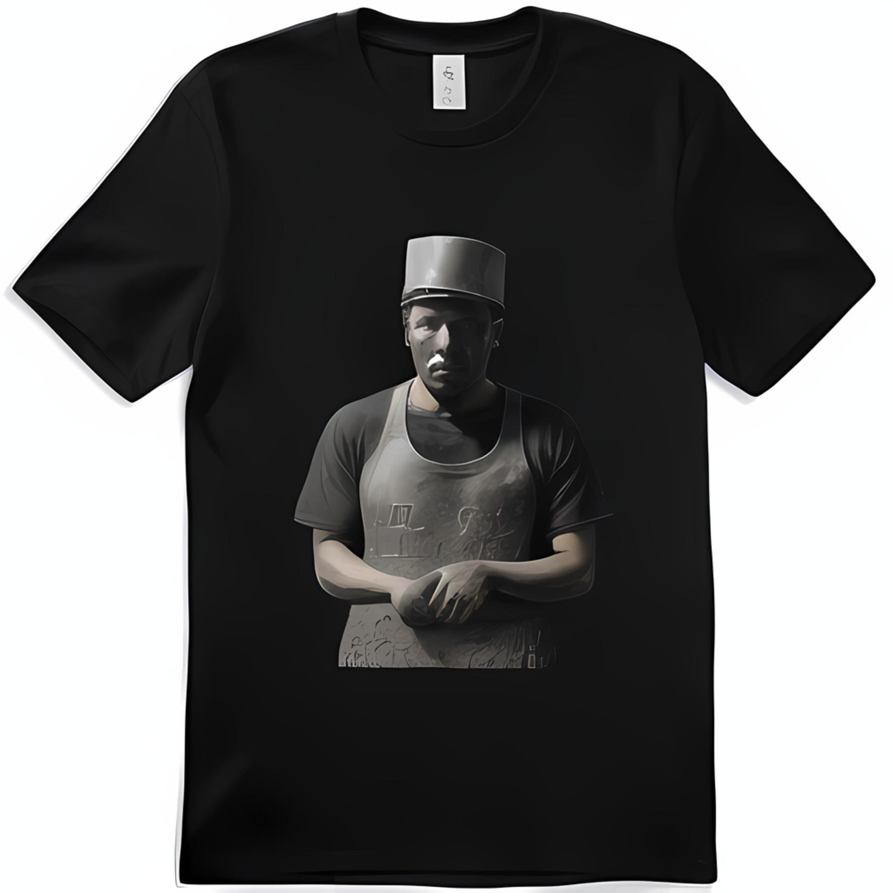 Black T-Shirt with Portrait of Rapper Qu Humphrey in Apron and Hard Hat ...