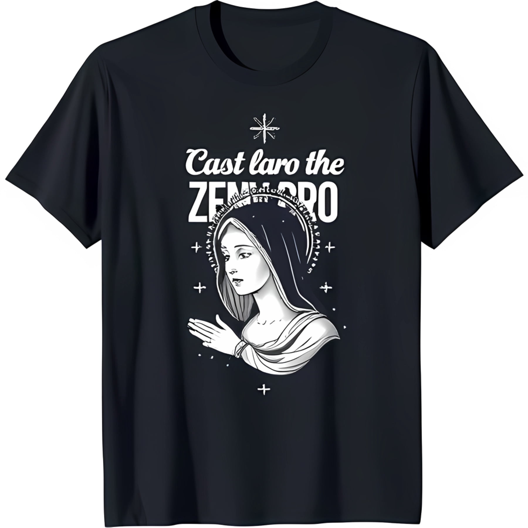 Black T-Shirt with Prayerful Woman Design & 'Cast laro the PRO' Text ...