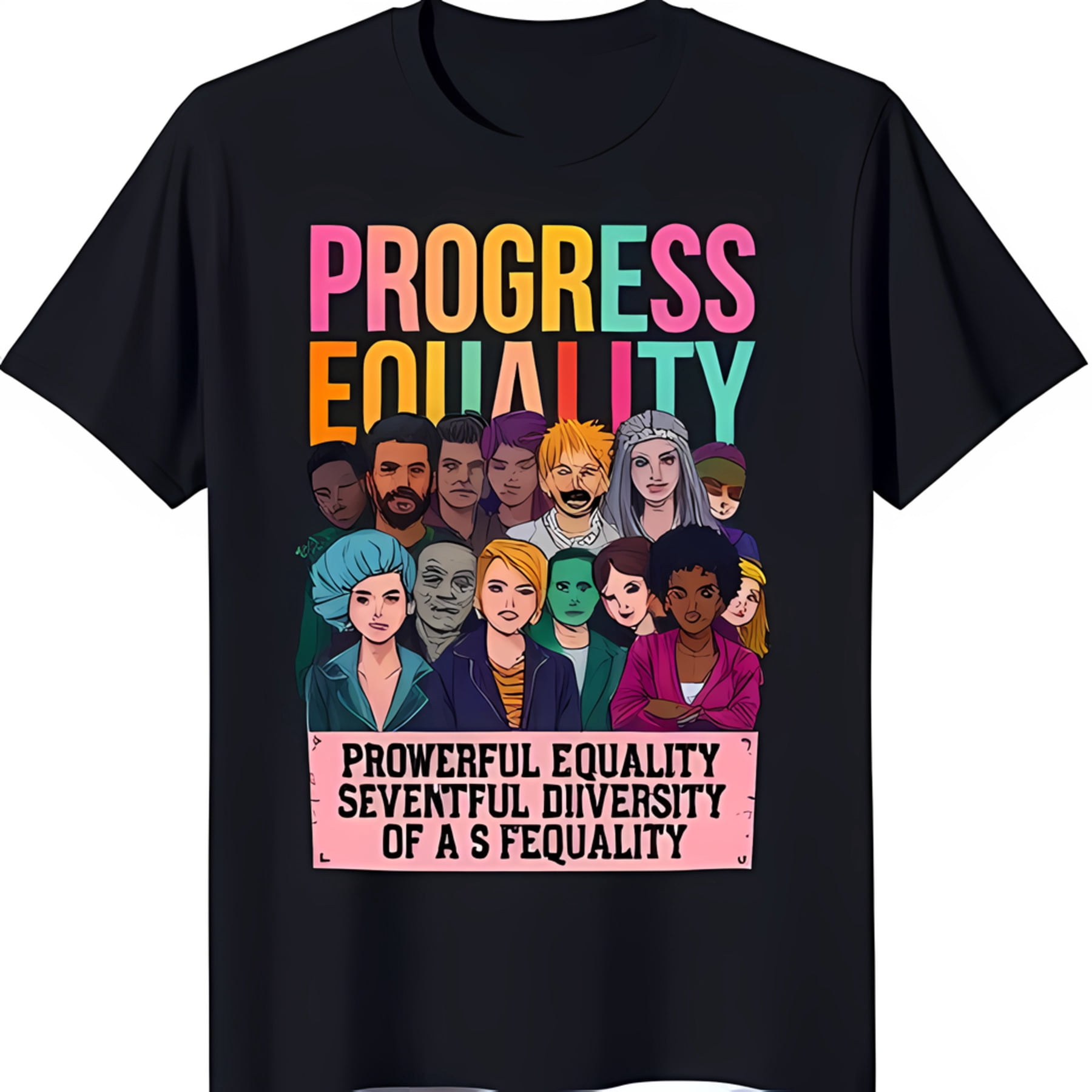 Black T-Shirt with 'Progress Equality' Graphic & Diverse Cartoon People ...