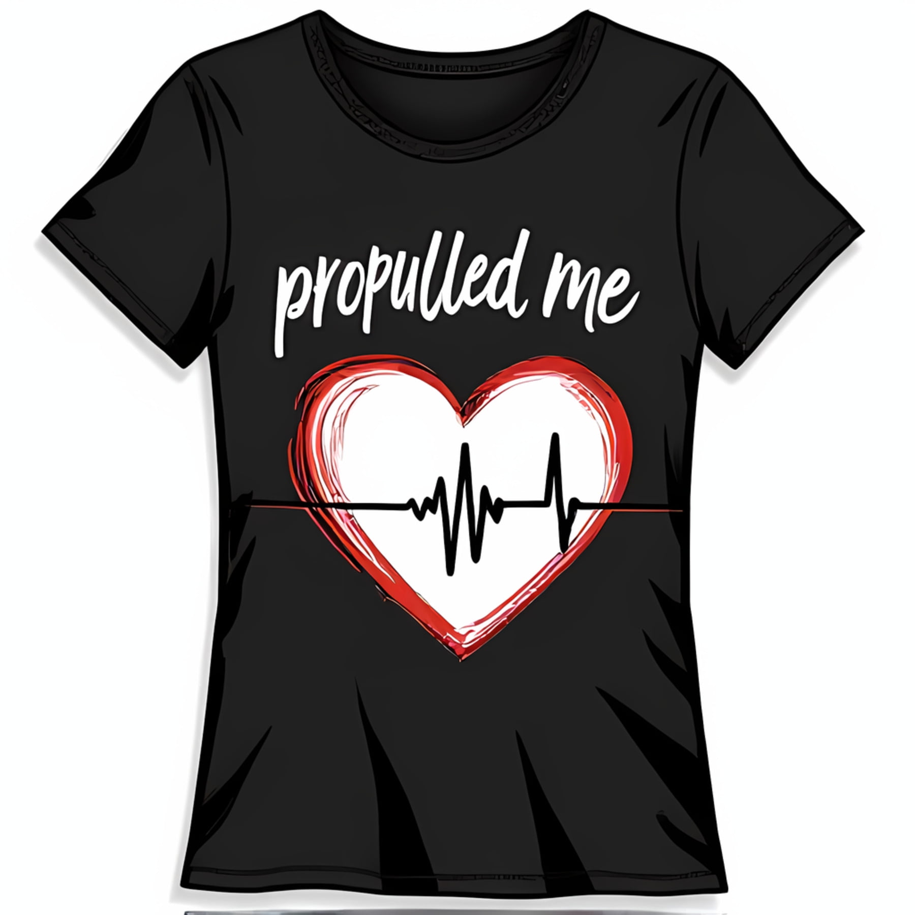 Black T-Shirt with Propulled Me Handwritten Graphic & Heart EKG Design ...