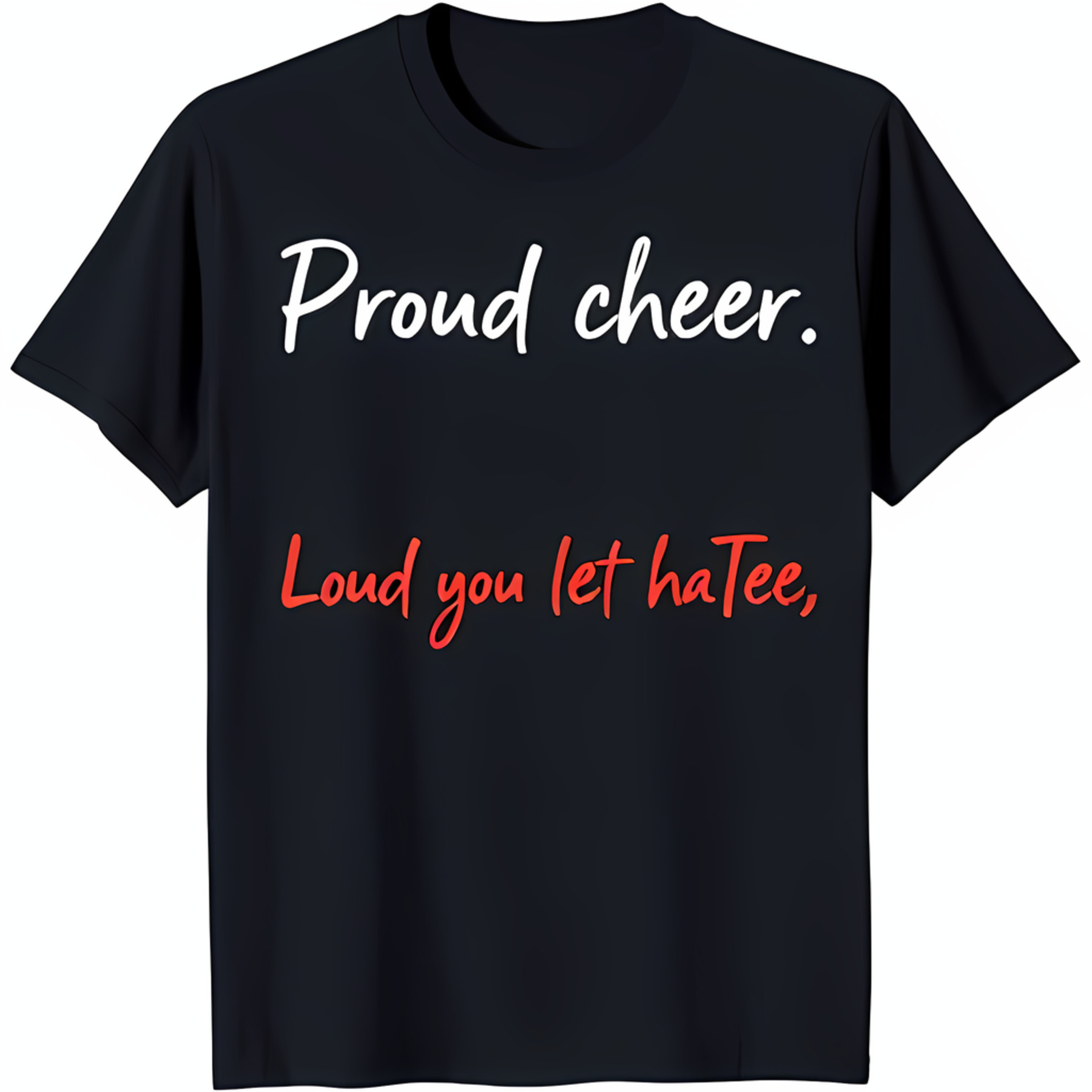 Black T-Shirt with 'Proud Cheer' & 'Loud You Let HaTee' in Cursive Fun ...