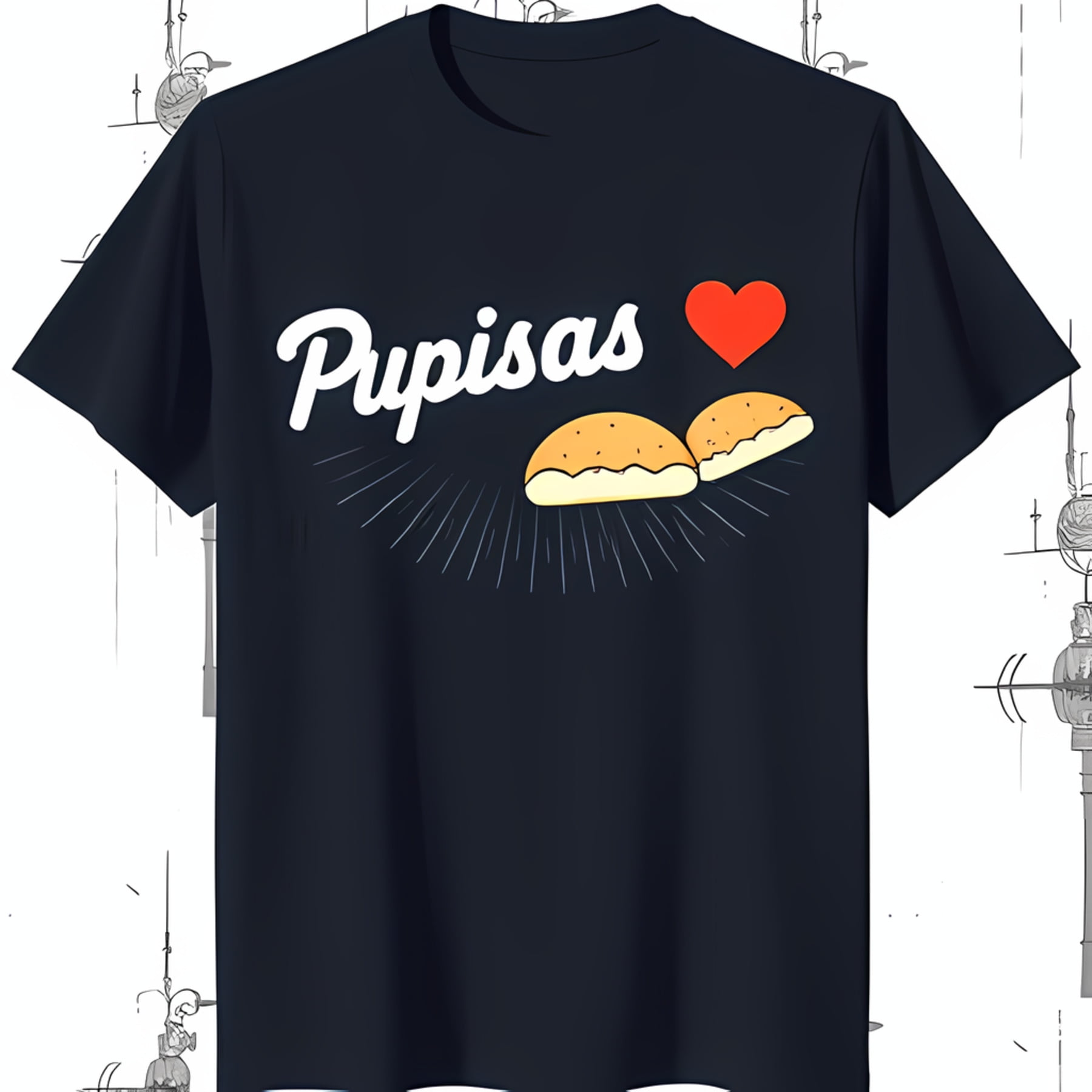 Black T-Shirt with 'Pupusas' Text Red Heart & White Pupusa Outlines ...