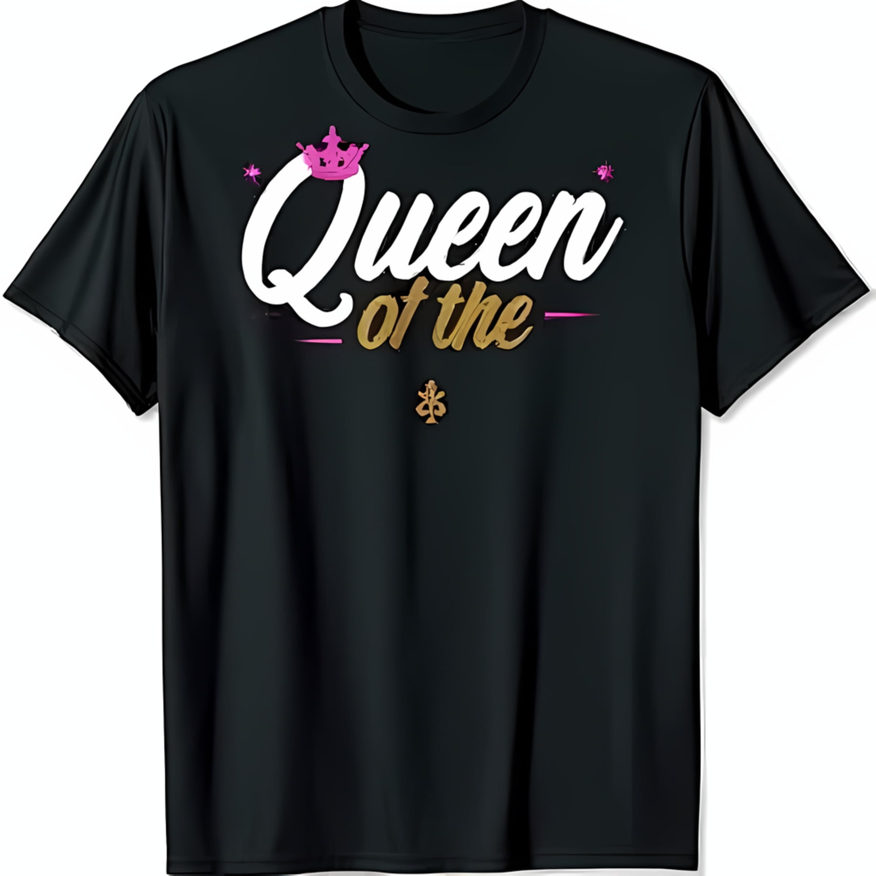 Black T-Shirt with Queen of the Cursive Design Pink Crown & Gold ...