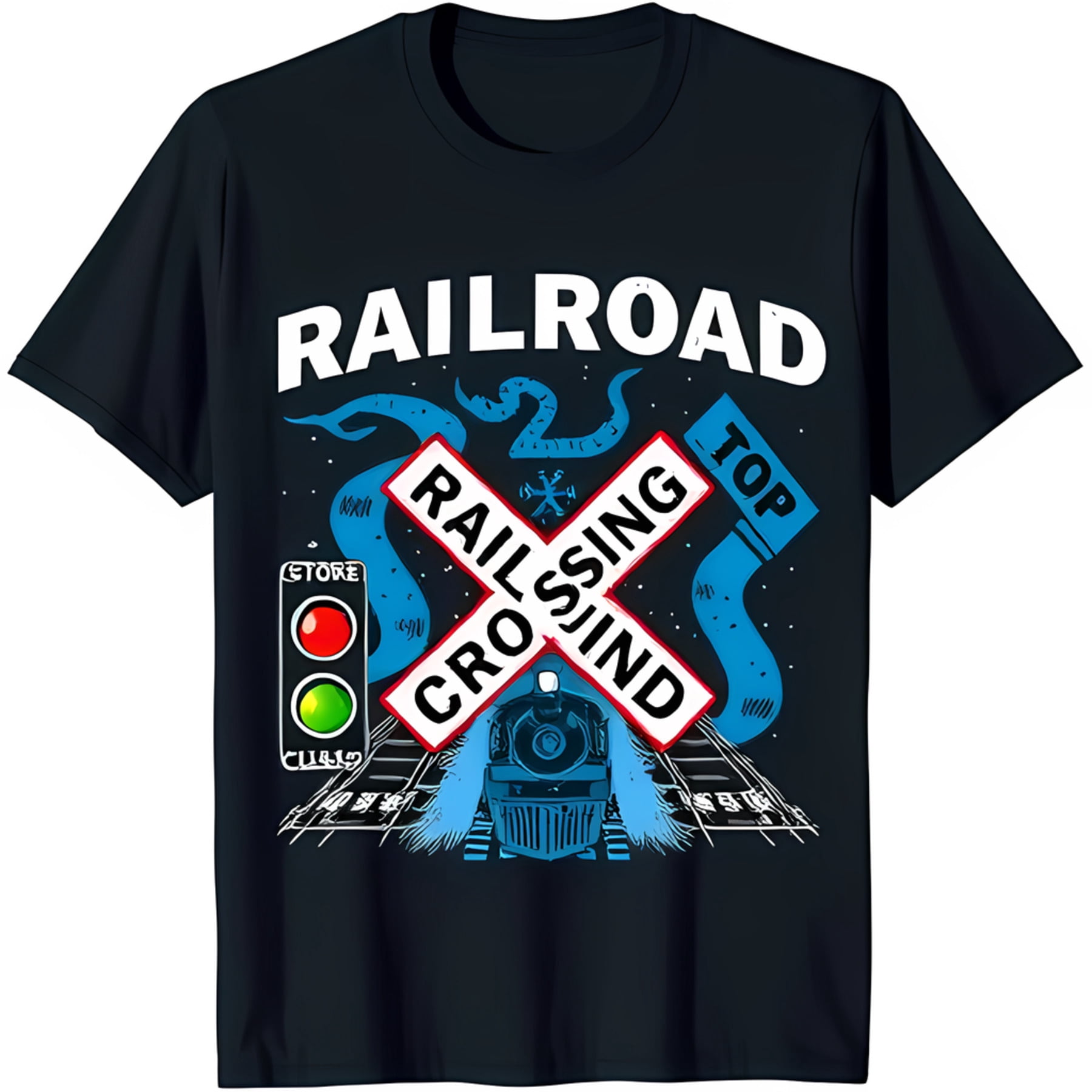 Black T-Shirt with Railroad Crossing Sign and Traffic Lights Design ...