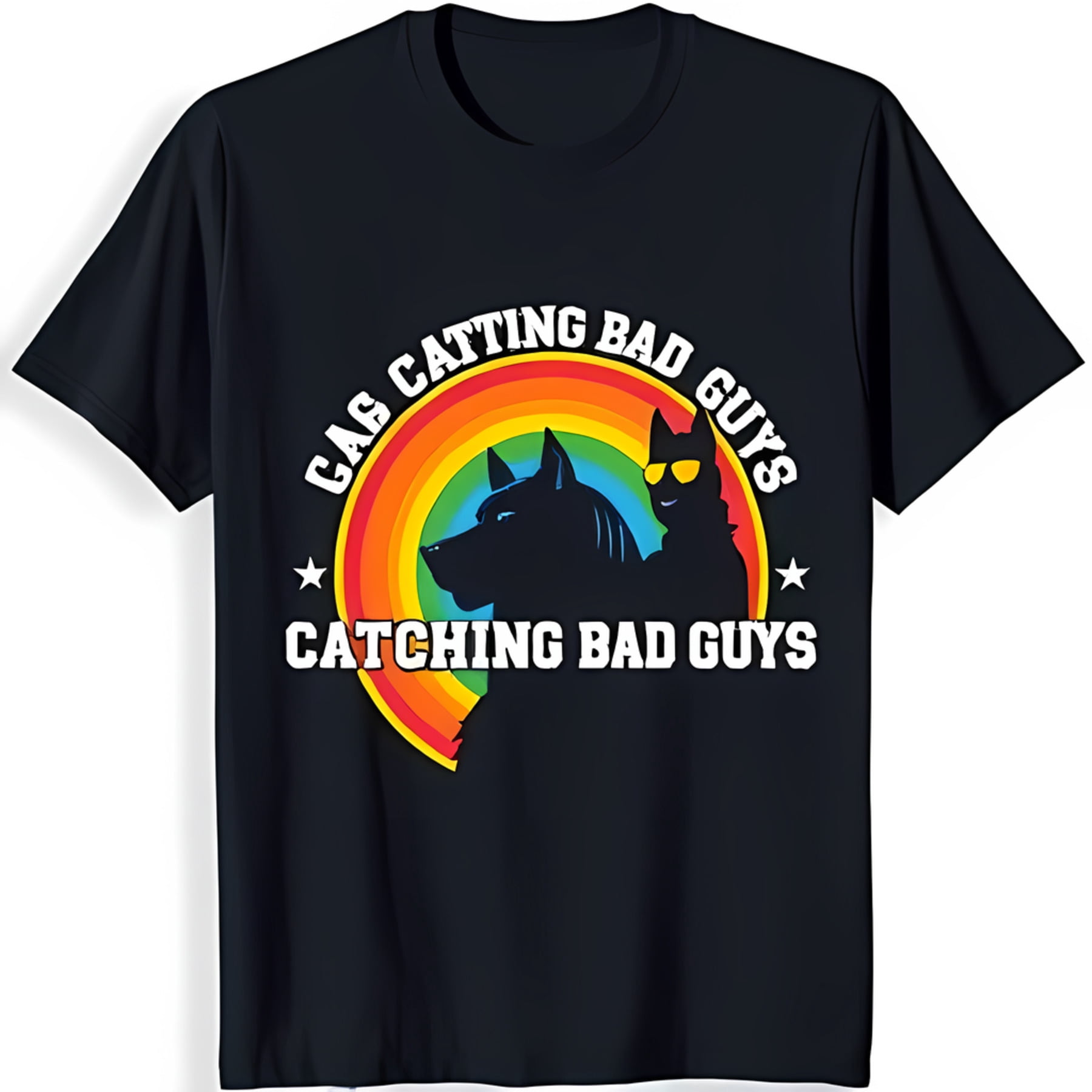Black T-Shirt with Rainbow Design & ' Catting Bad Guys' Text Cool Cat ...