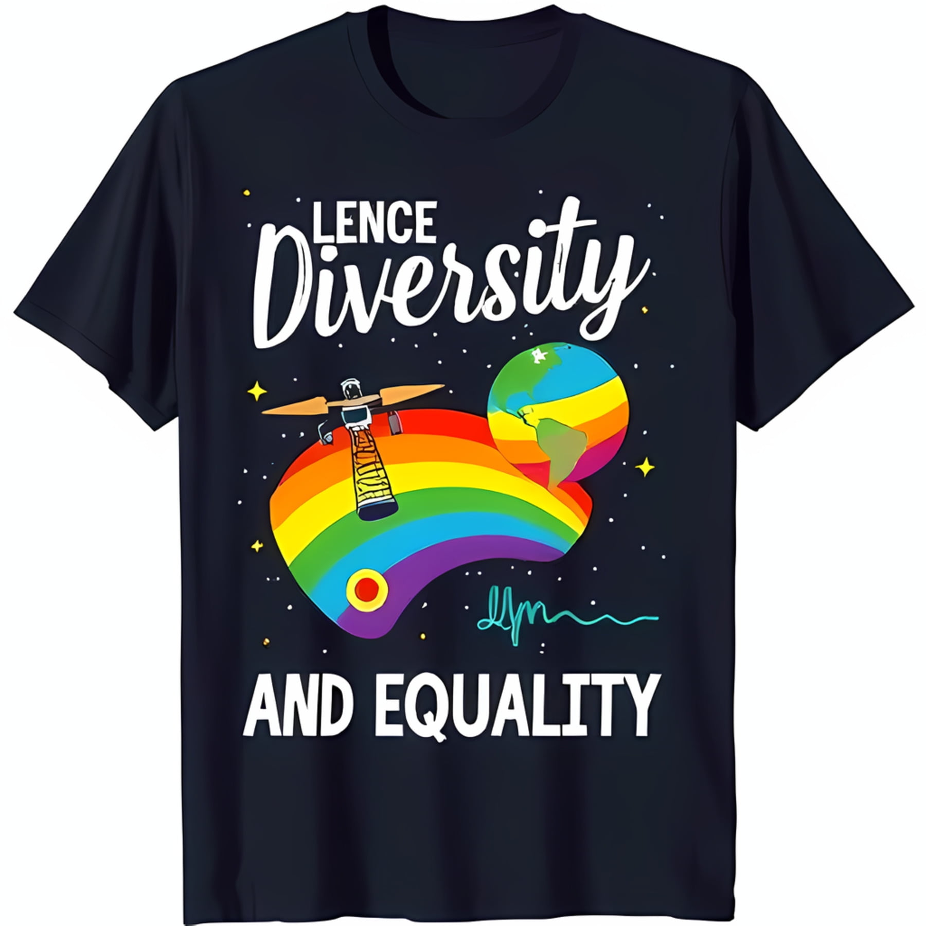 Black T-Shirt with Rainbow Globe Design Plane and 'LENCE Diversity ...