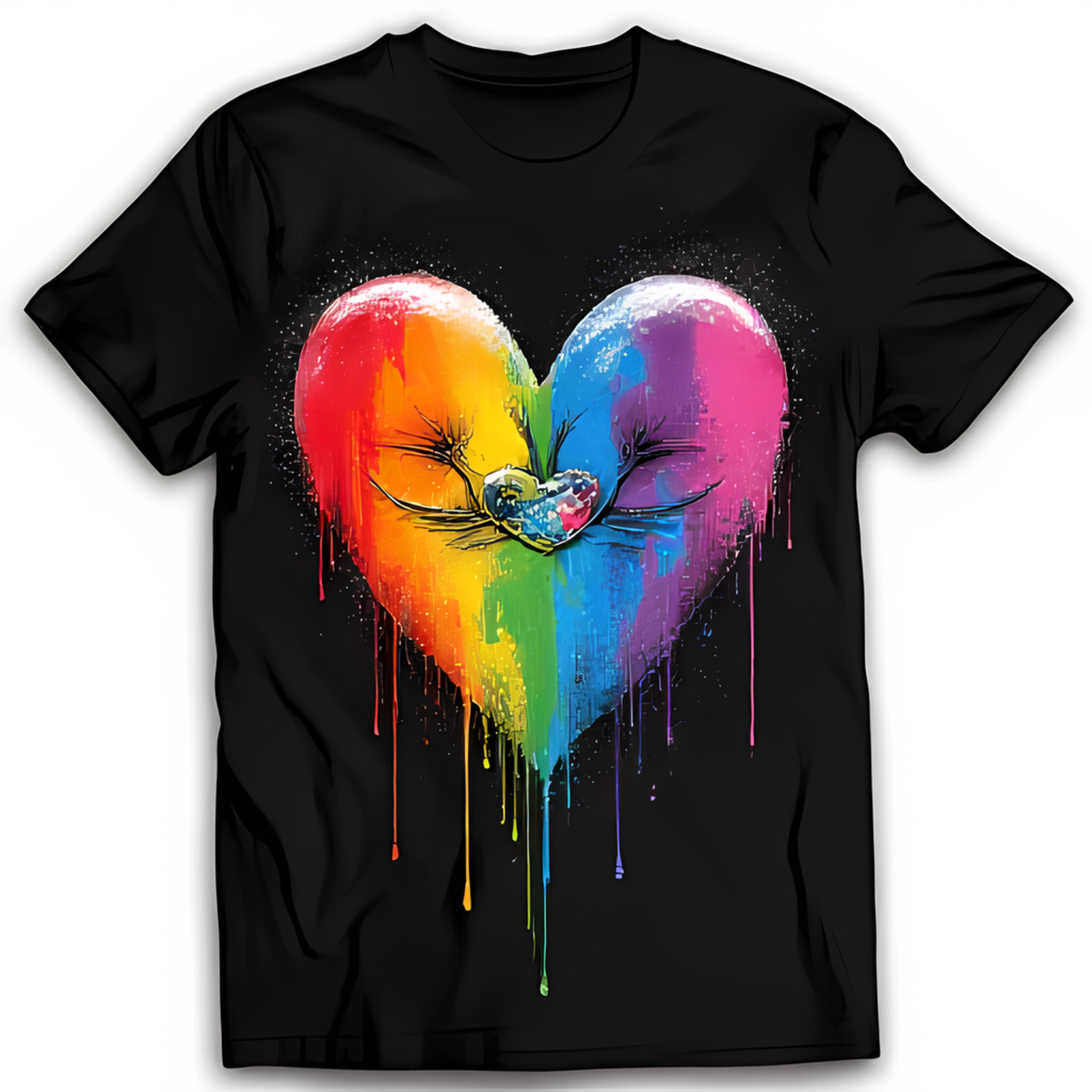 Black T-Shirt with Rainbow Heart Drip Design & Piece Center LGBTQ ...
