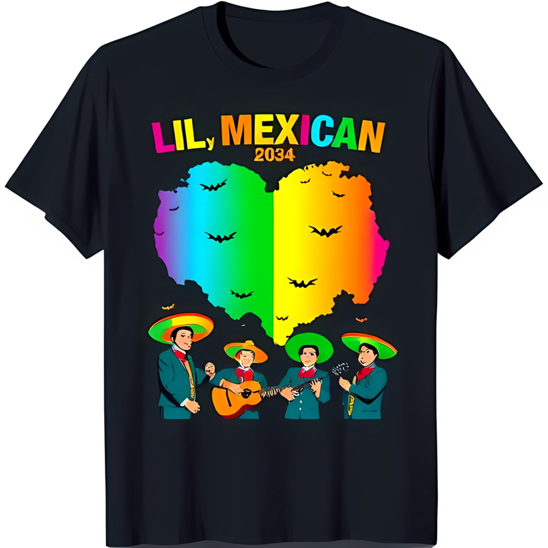 Black T-Shirt with Rainbow Heart Graphic Bats and Mariachi Band 'LIL ...