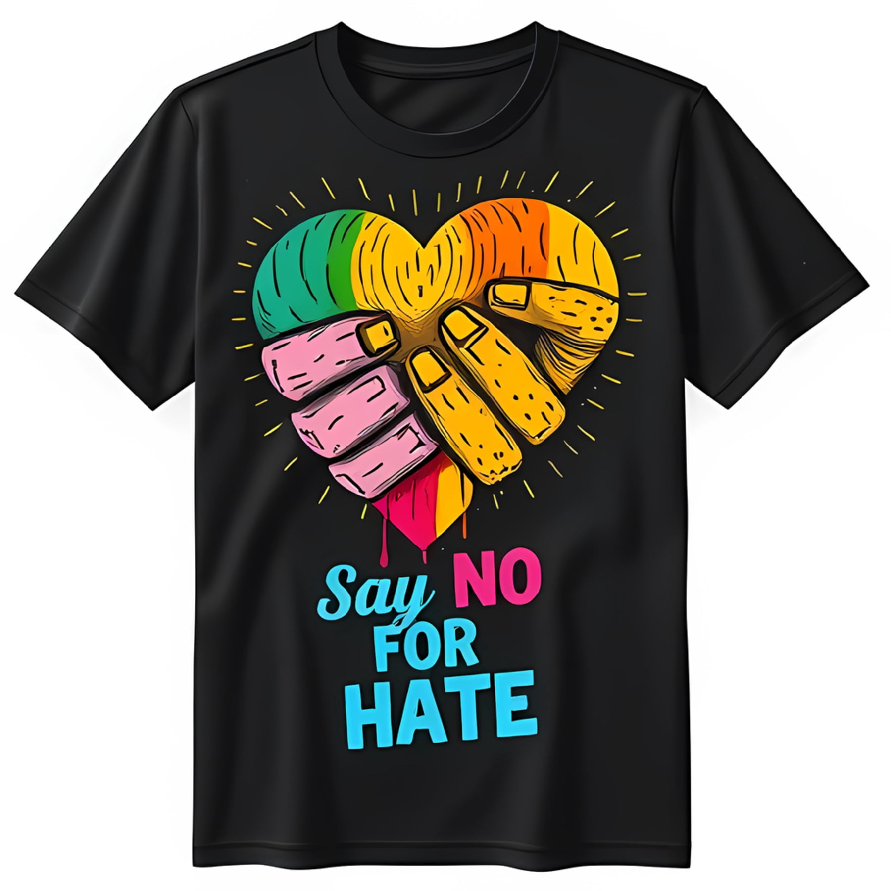 Black T-Shirt with Rainbow Heart Hands Graphic 'Say No for Hate' Design ...