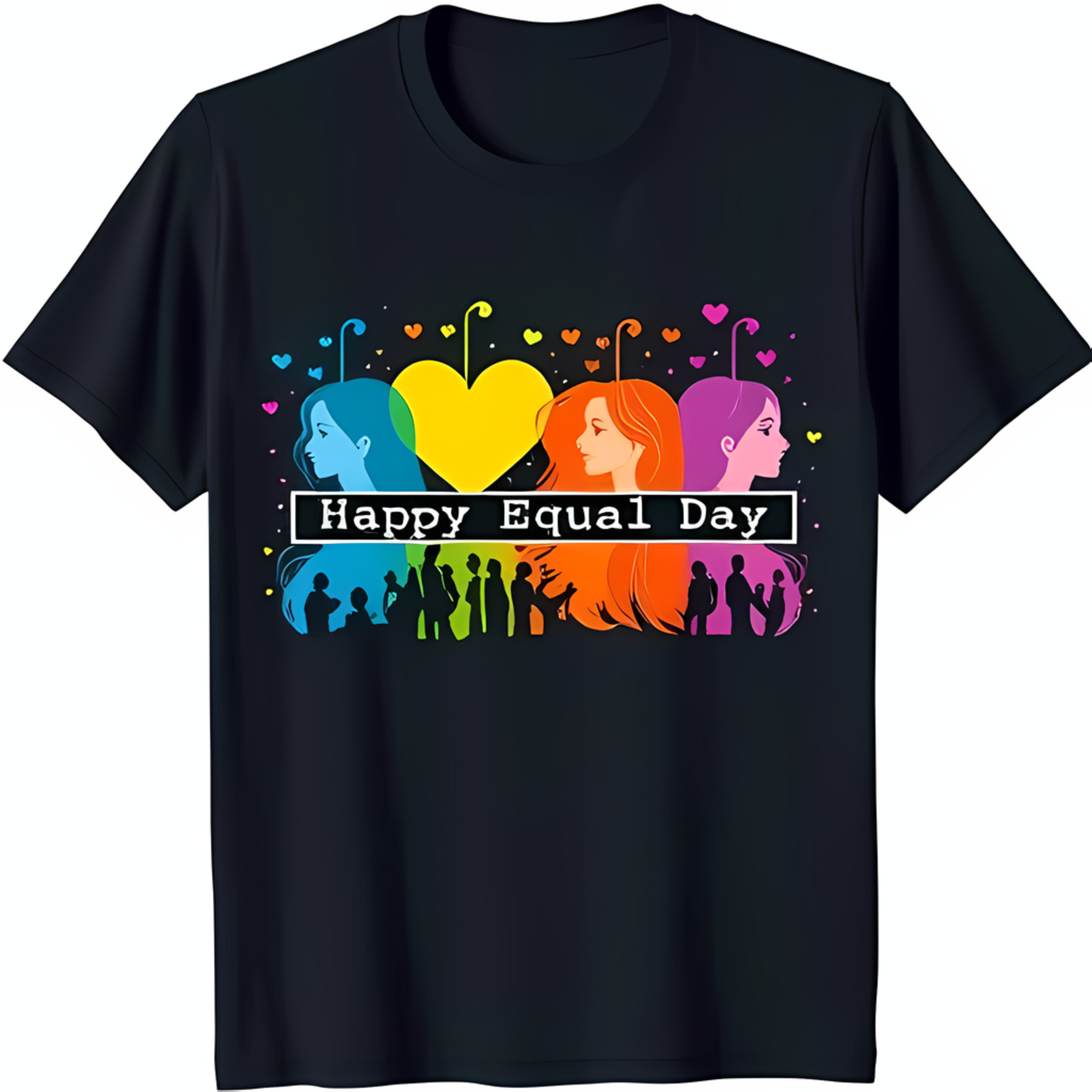 Black T-Shirt with Rainbow Heart & Women Silhouettes Happy Equal Day ...