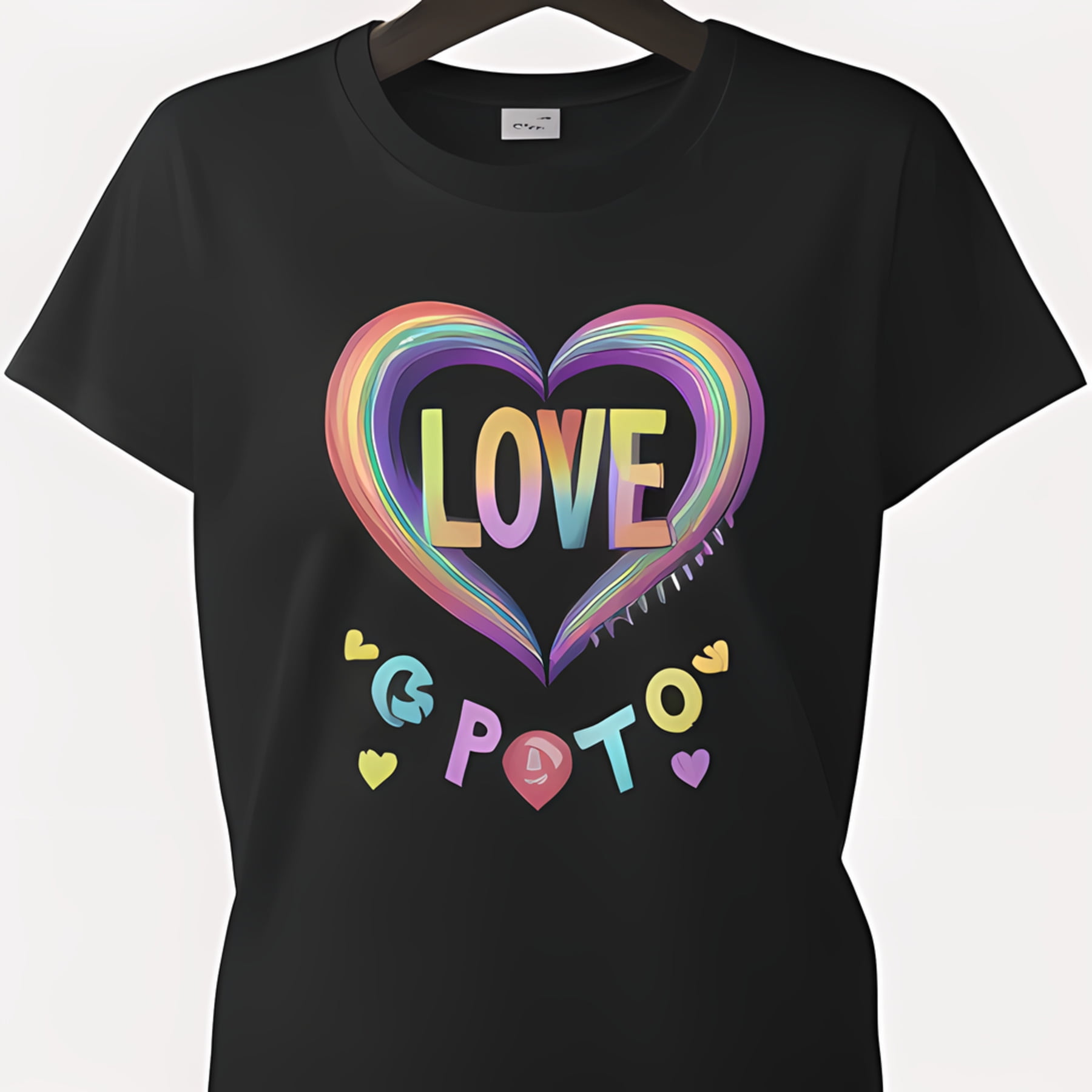 Black T-Shirt with Rainbow Heart and 'LOVE Patron' Text Cute Lovecore ...