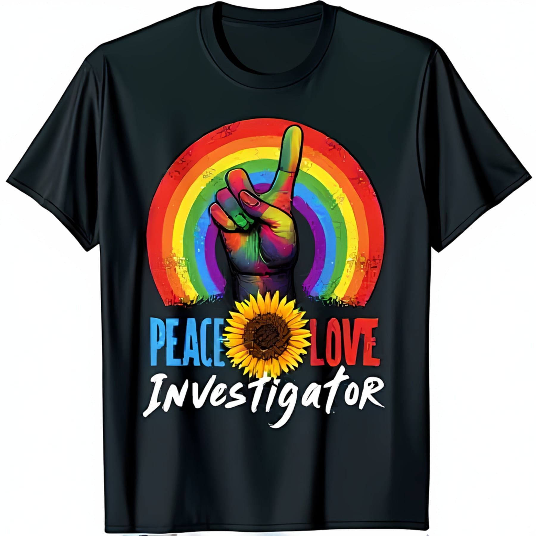 Black T-Shirt with Rainbow Peace Sign & Sunflower Peace Love ...