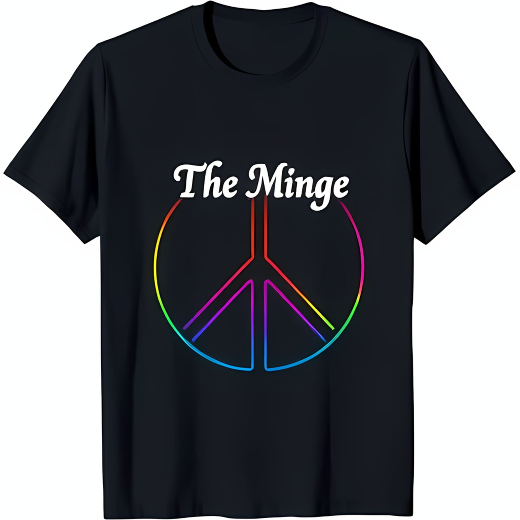 Black T-Shirt with Rainbow Peace Sign & 'The Minge' Text Bold & Simple ...