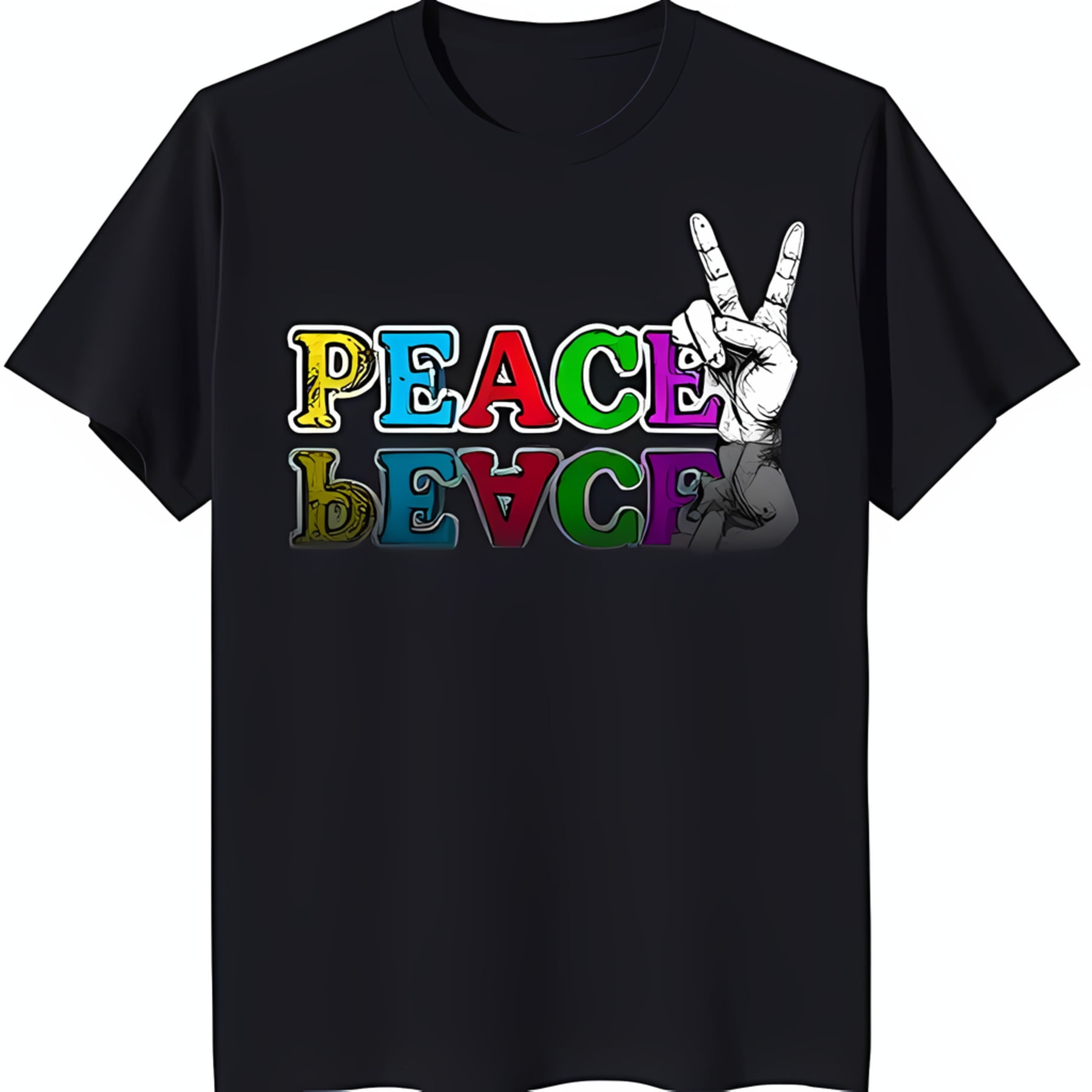 Black T-Shirt with Rainbow Peace Sign & Upside Down 'PEACE' Graphic ...