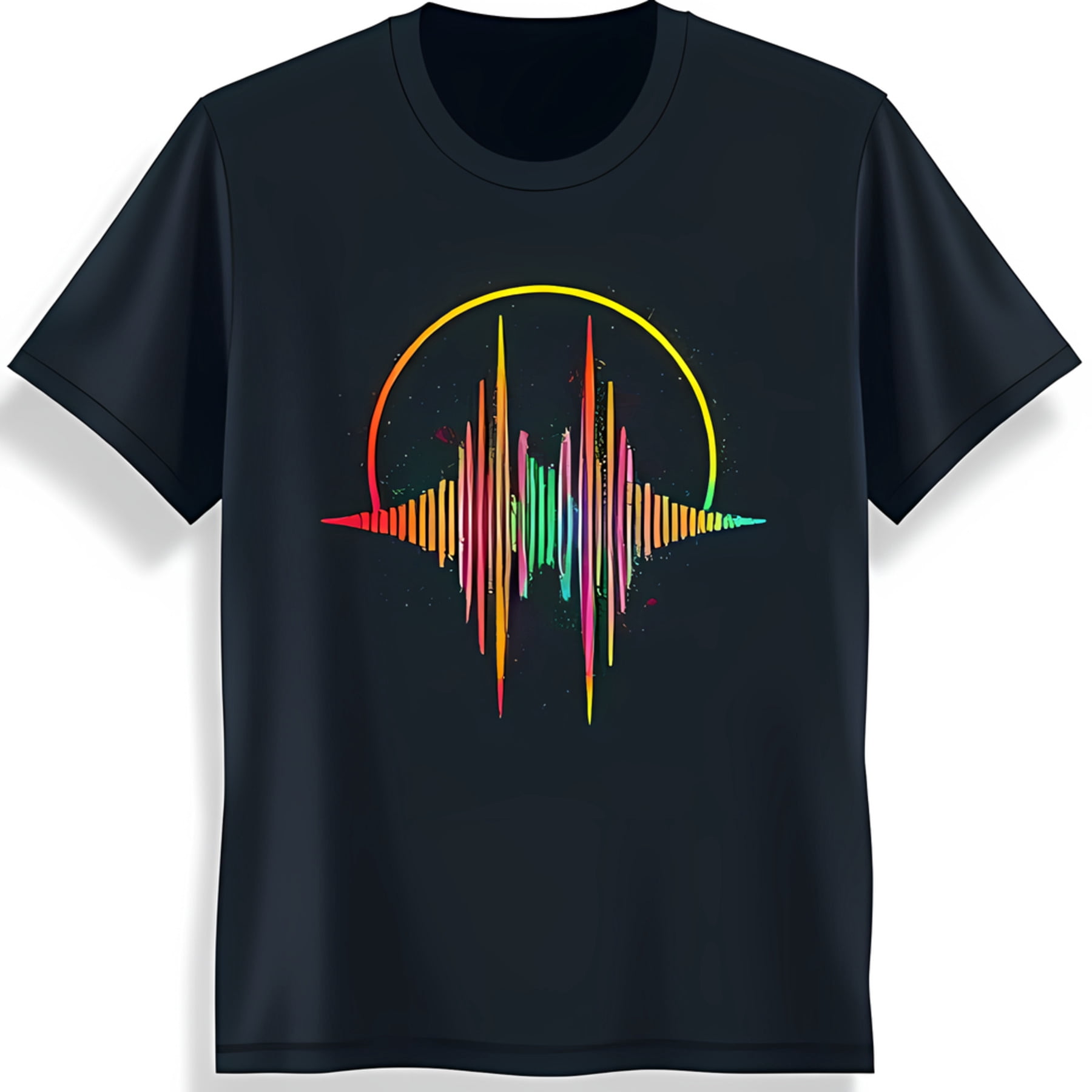 Black T-Shirt with Rainbow Soundwave Graphic & Colorful Dot Pattern ...