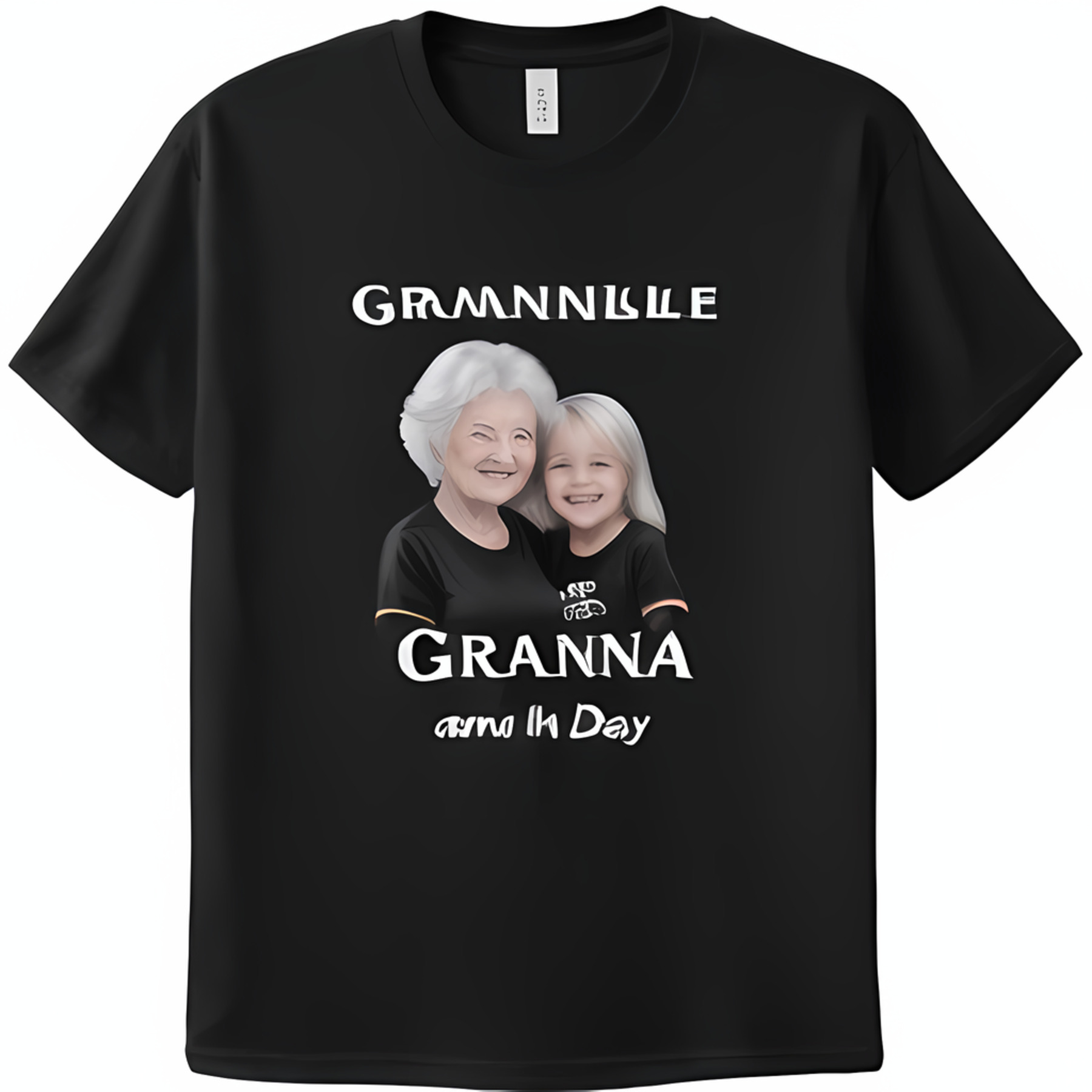 Black T-Shirt with Realistic of Smiling Grandmother and GranddaughTeer ...