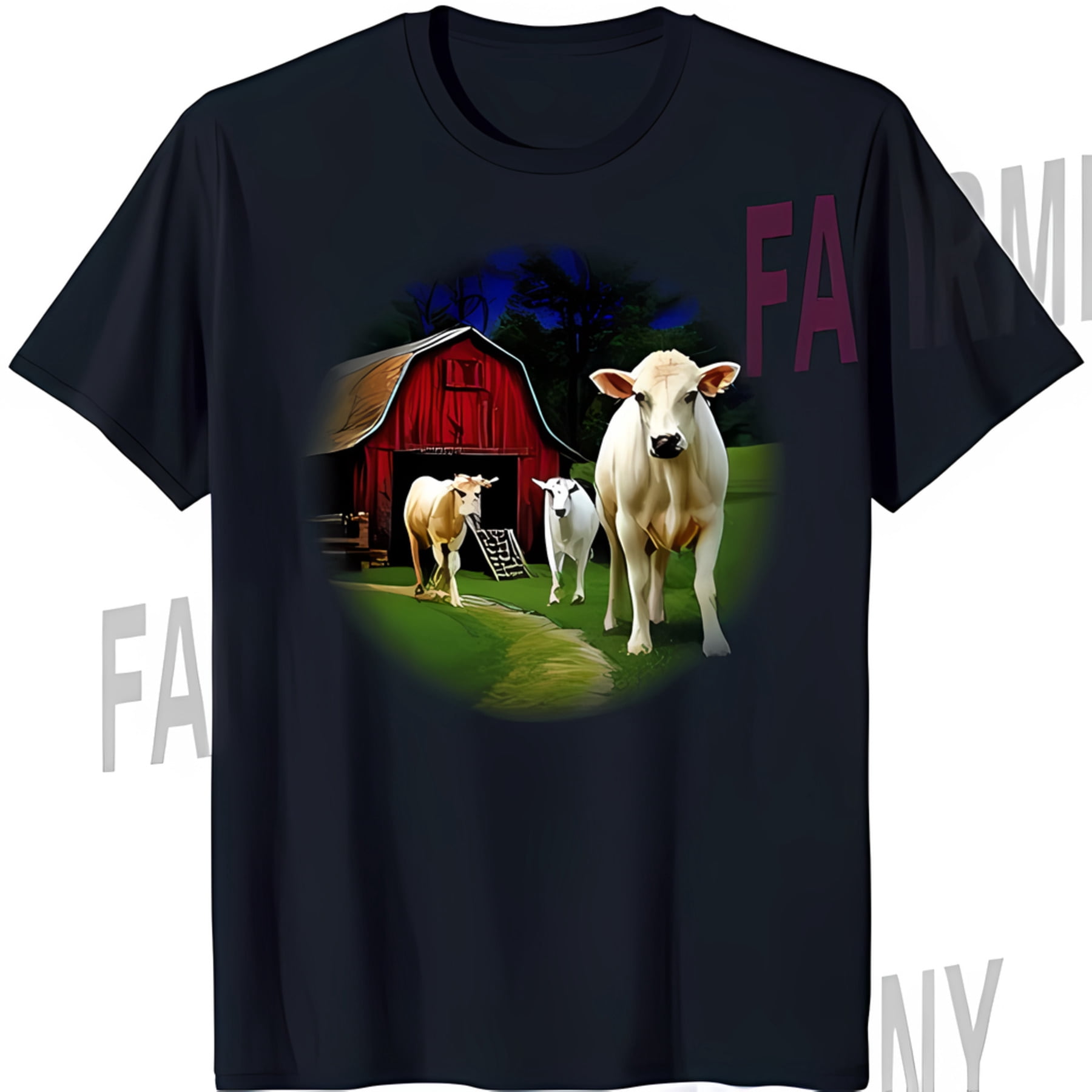 Black T-Shirt with Red Barn and White Cows Design in Circle Farm Life ...
