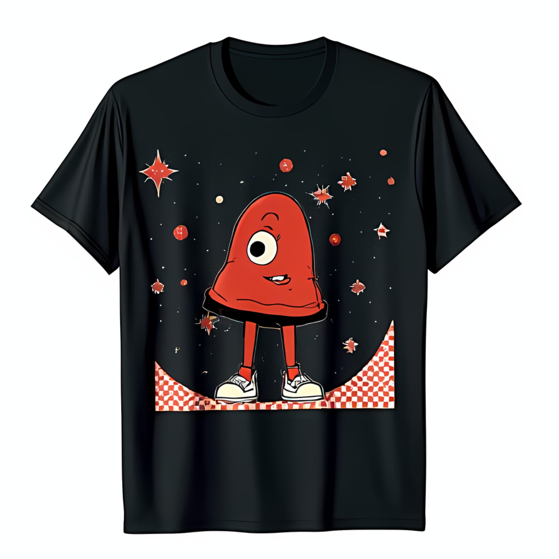 Black T-Shirt with Red Cartoon Character One Eyed Design on Checkered ...