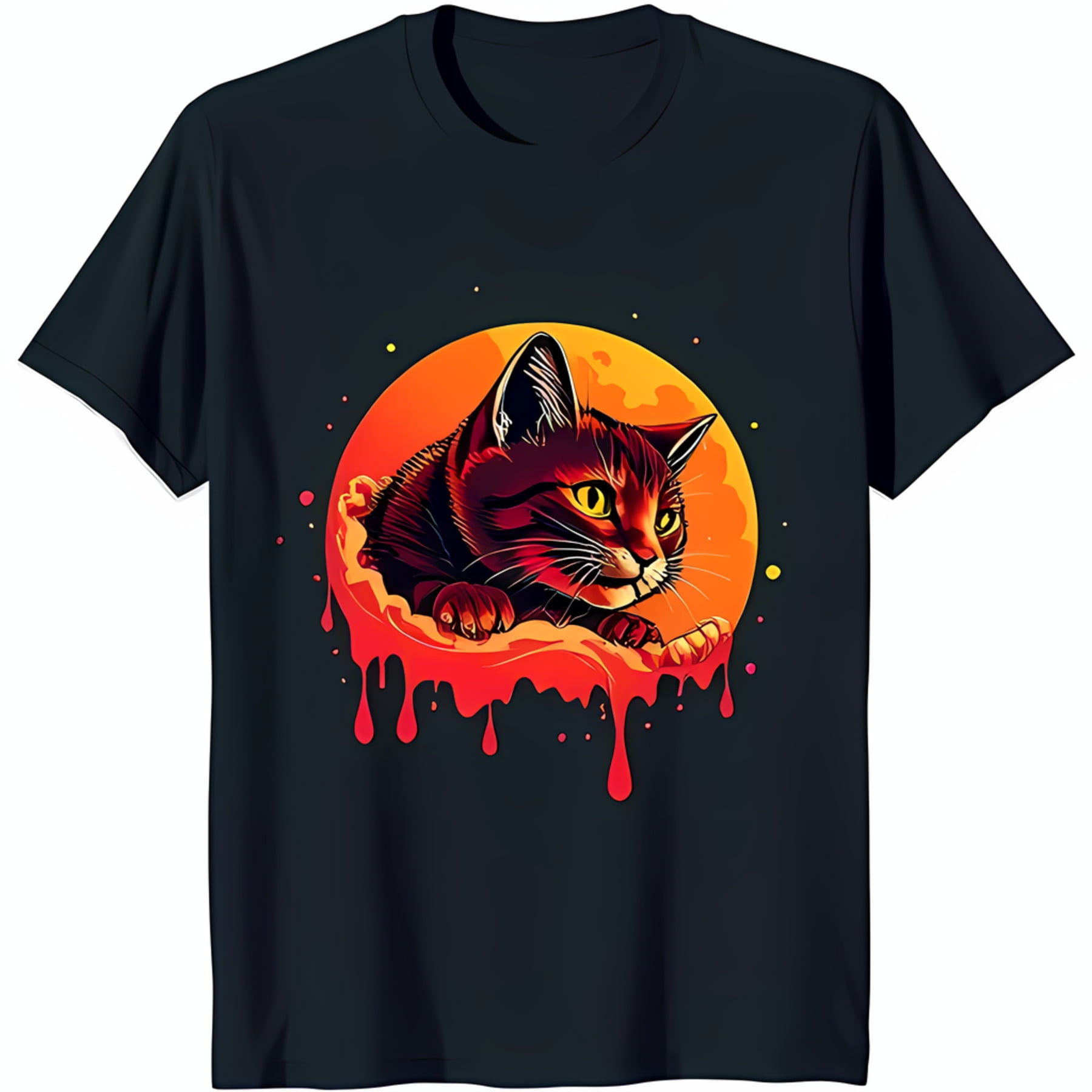 Black T-Shirt with Red Cat Peeking from Dripping Red Sun Graphic ...