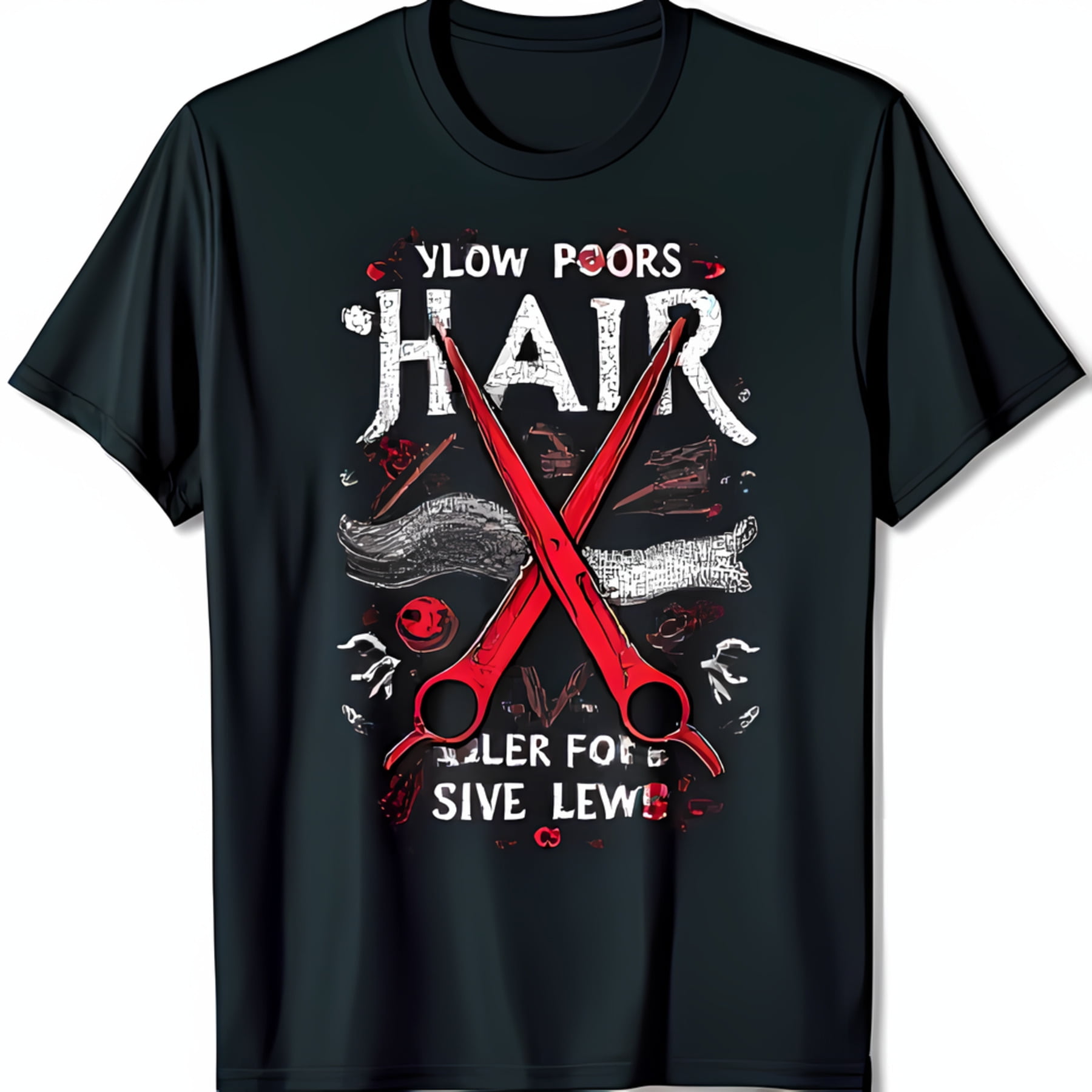 Black T-Shirt with Red Design 'Ylow Poors Hair' & 'Aller for Sive Lew ...