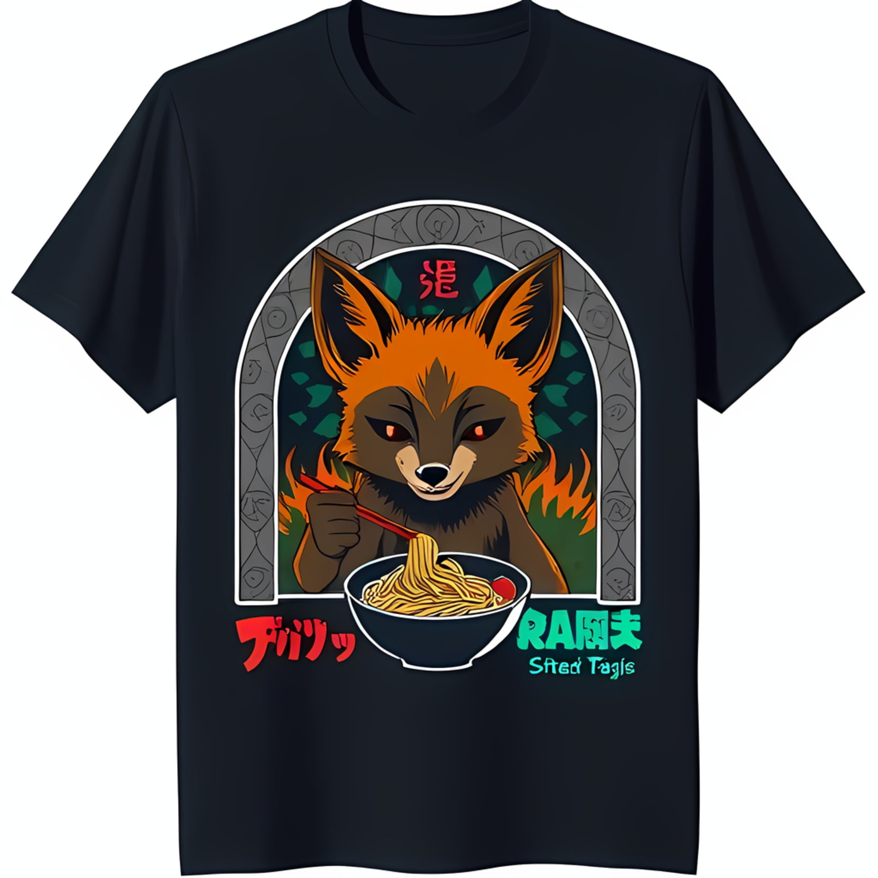 Black T-Shirt with Red Fox Graphic Glowing Eyes Ramen & Fire Design ...