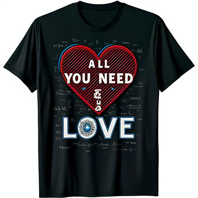 Black T-Shirt with Red Heart & ALL YOU NEED Text Love Design White Equations - Walmart.com