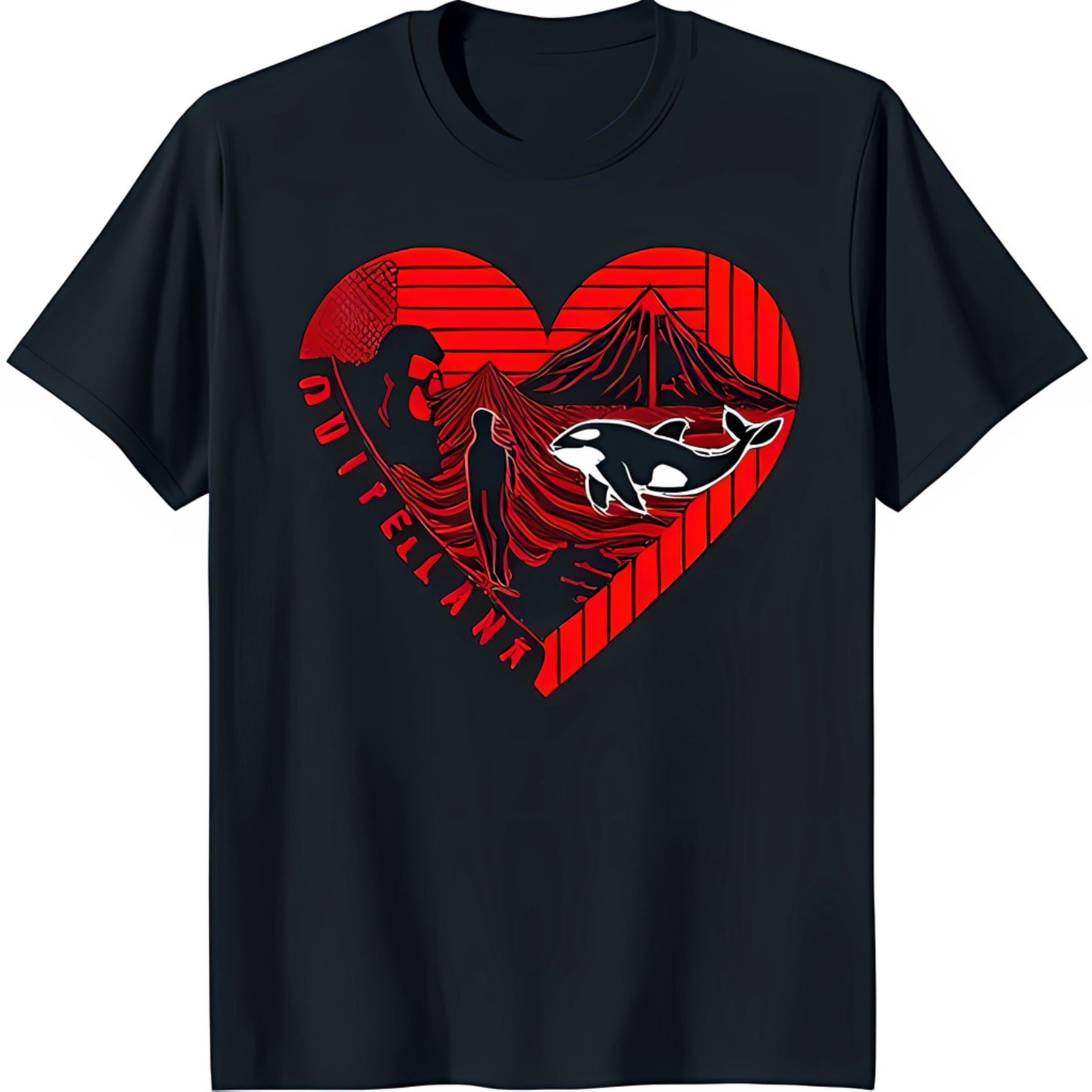 Black T-Shirt with Red Heart Design Featuring Mountain Beach Scene ...