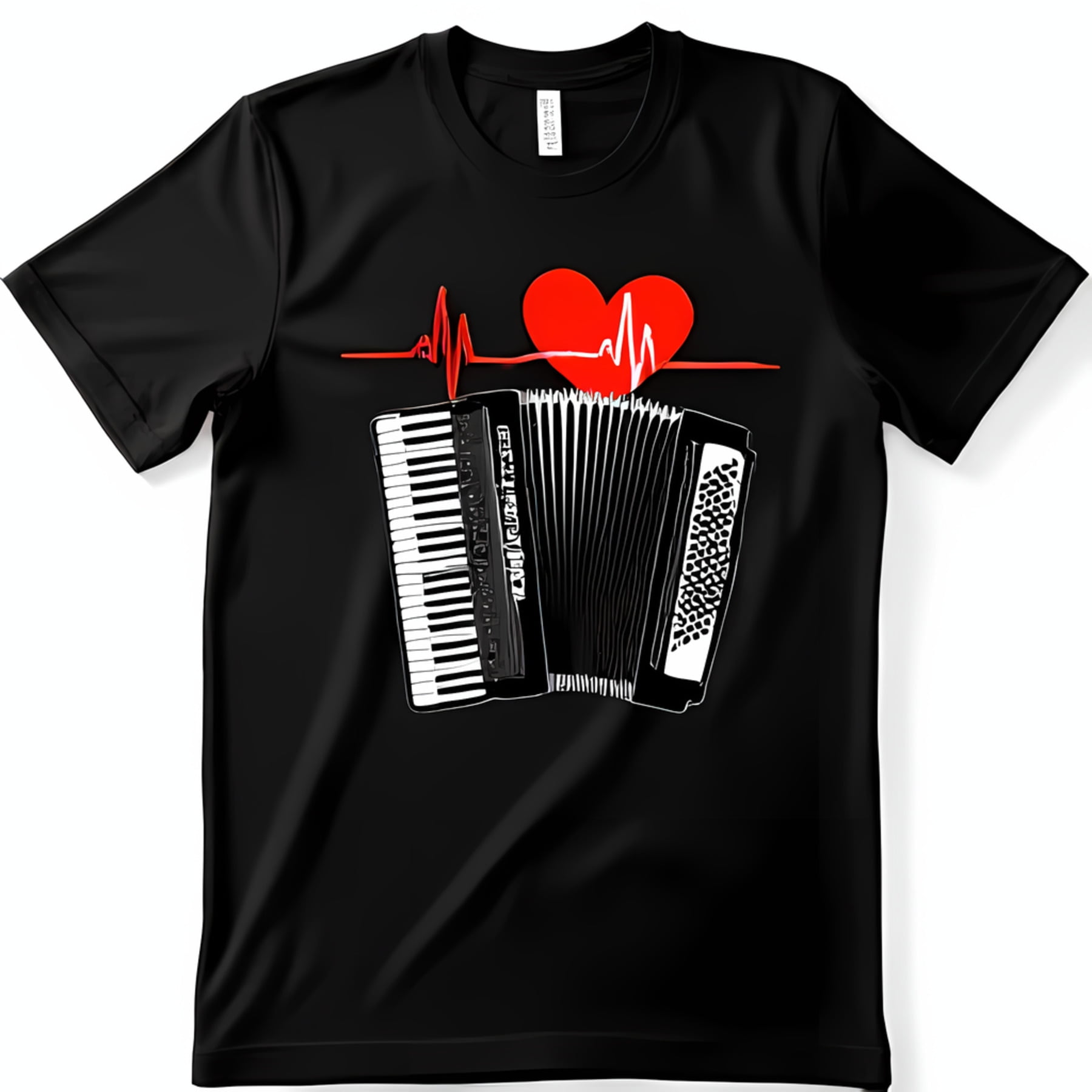 Black T-Shirt with Red Heart EKG Line Design and Accordion Graphic ...