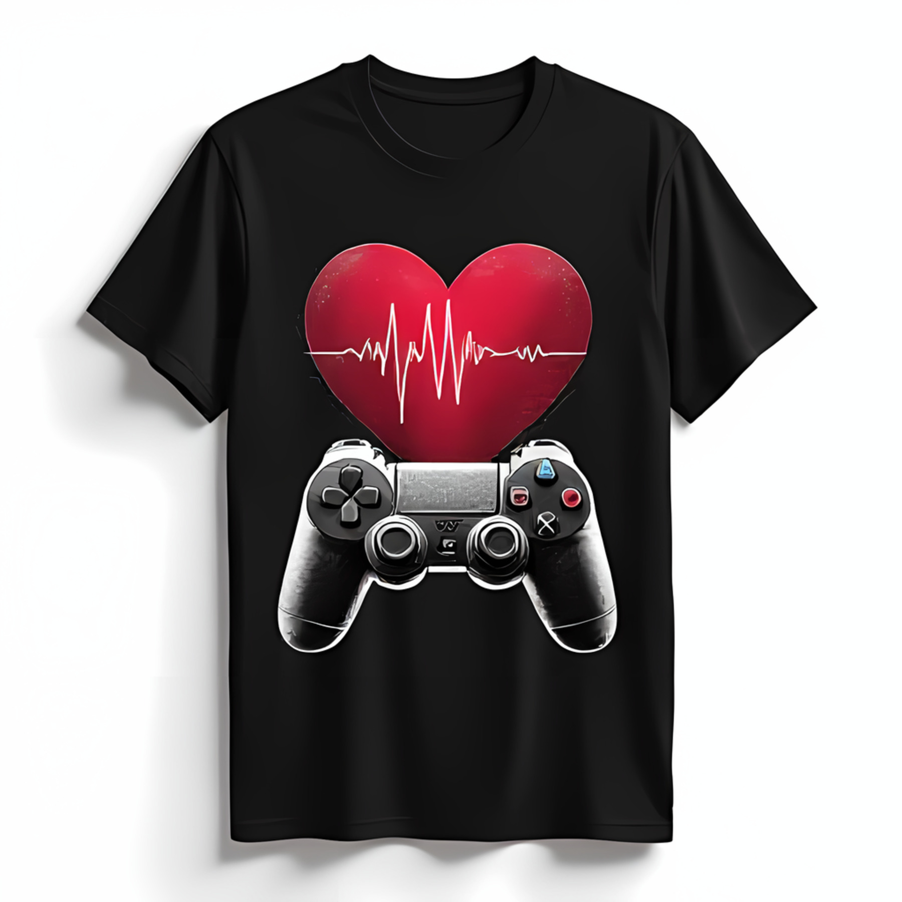 Black T-Shirt with Red Heart & EKG Line Graphic Above Gaming Controller ...