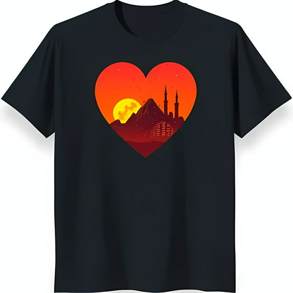 Black T-Shirt with Red Heart Graphic Featuring Cityscape & Sunset ...