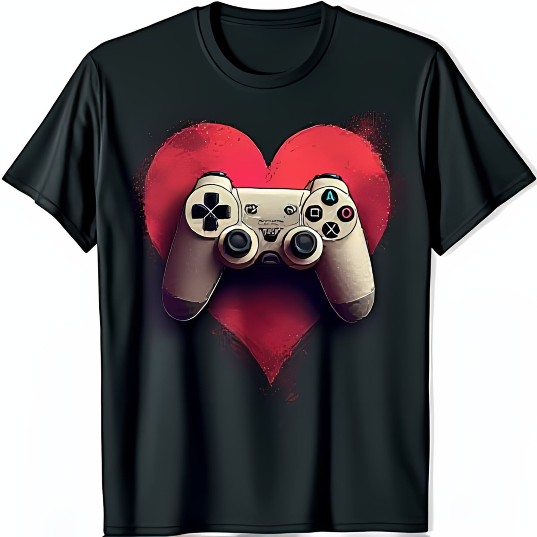 Black T-Shirt with Red Heart & Light Brown Game Controller Love ...