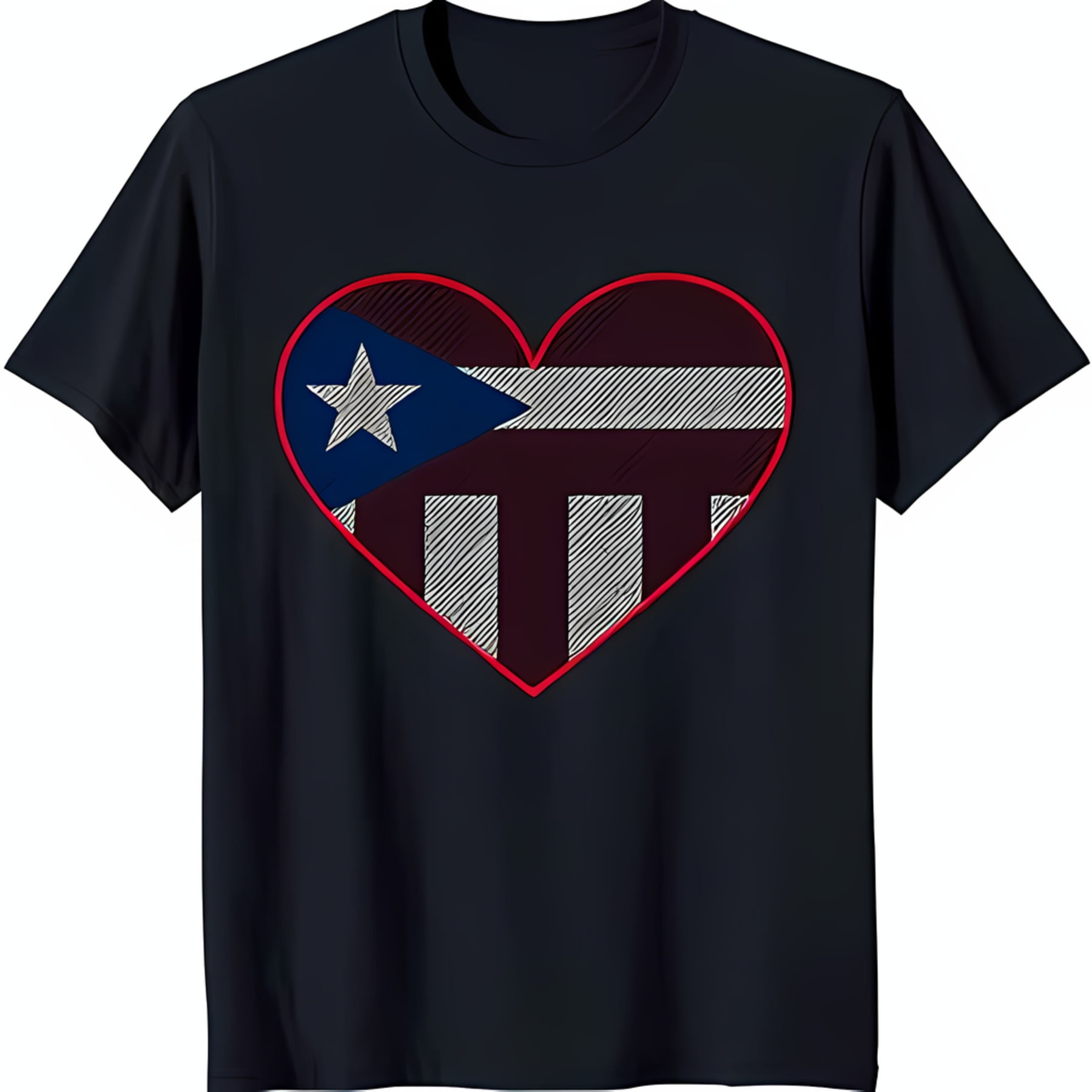 Black T-Shirt with Red Heart Outline Featuring Puerto Rican Design ...