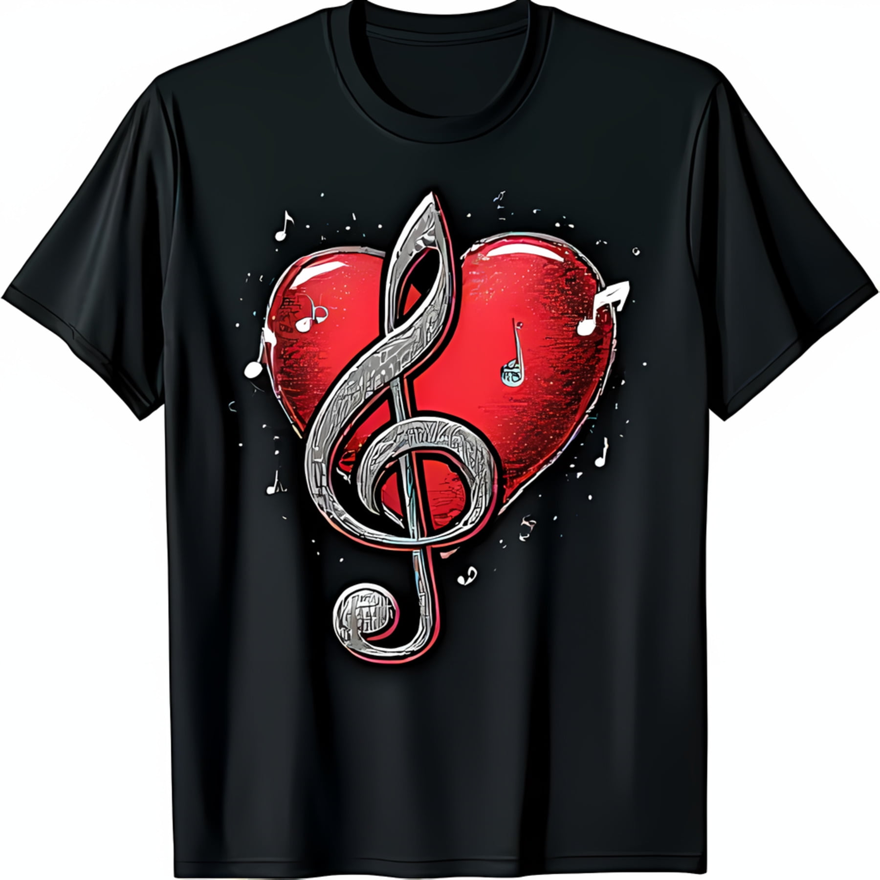 Black T-Shirt with Red Heart & Silver Treble Design Musical Notes Print ...