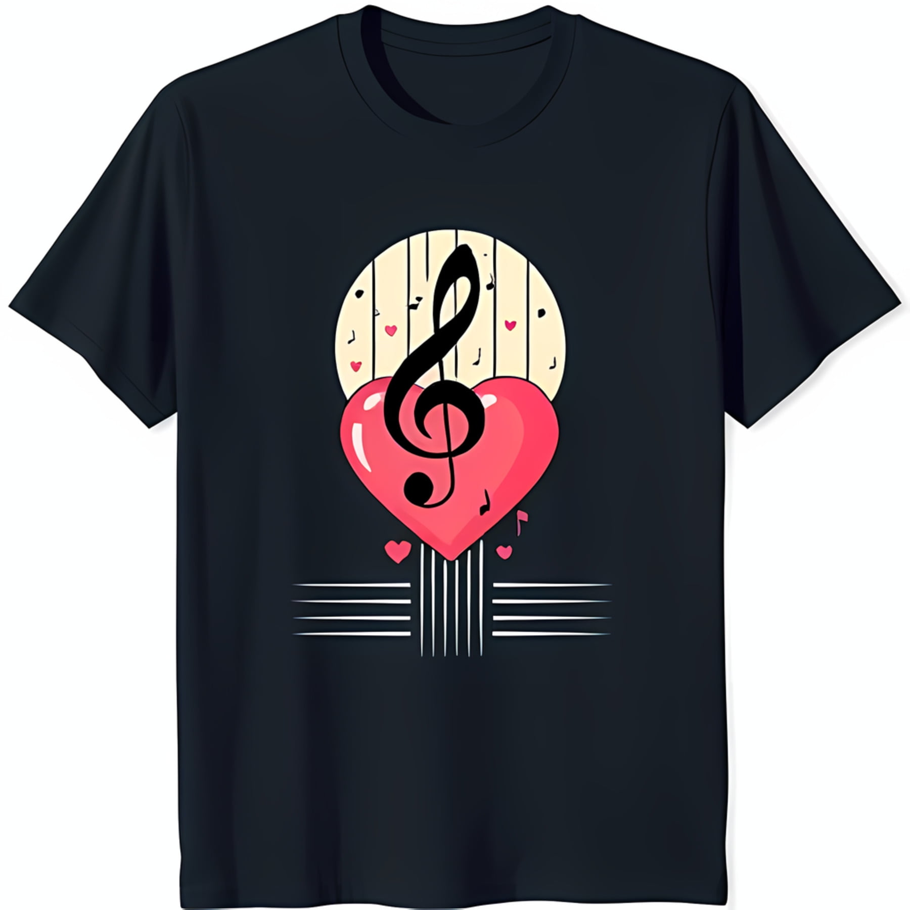 Black T-Shirt with Red Heart & Treble Design Wooden & Musical Notes ...