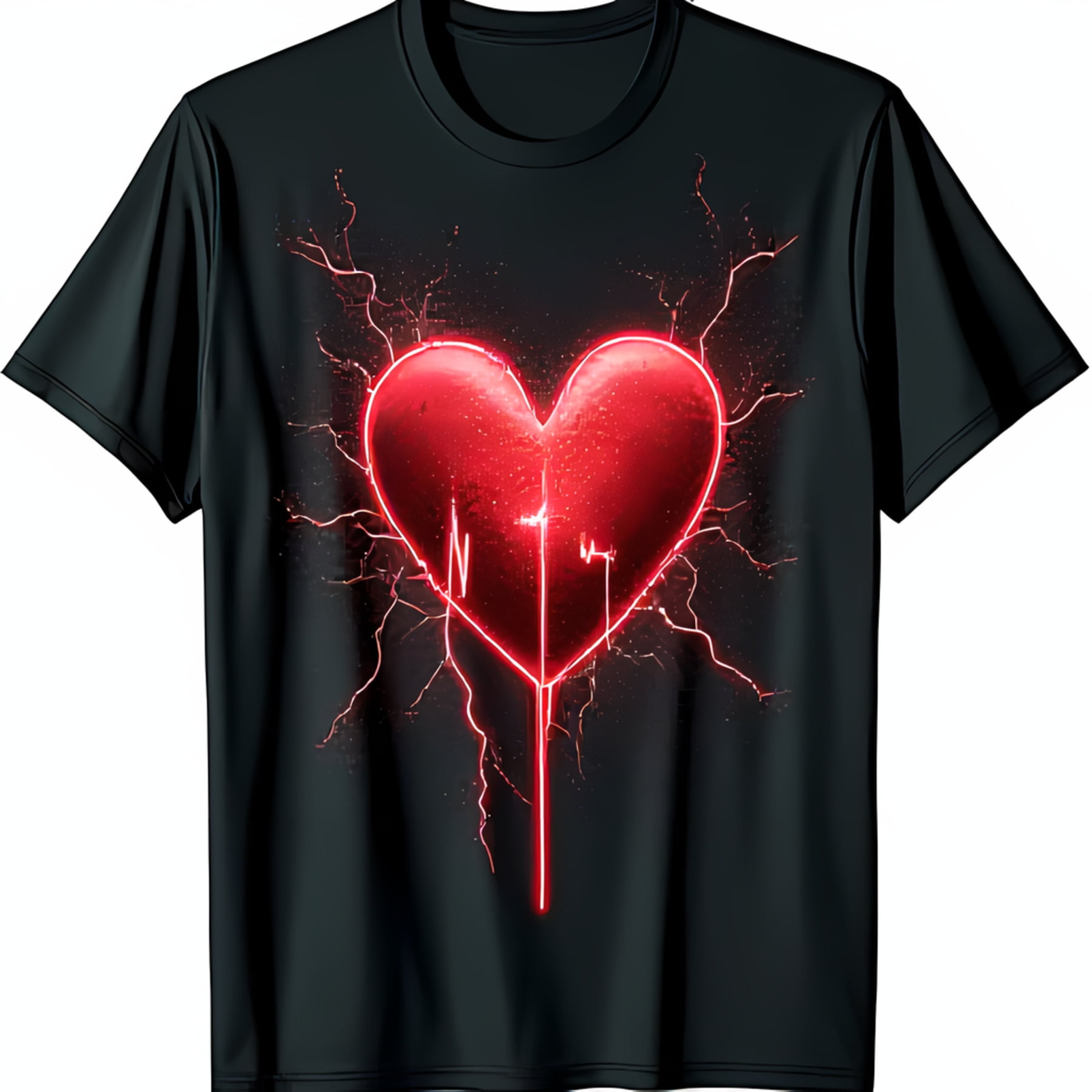 Black T-Shirt with Red Heart and Bolts Design Unique Graphic Tee ...