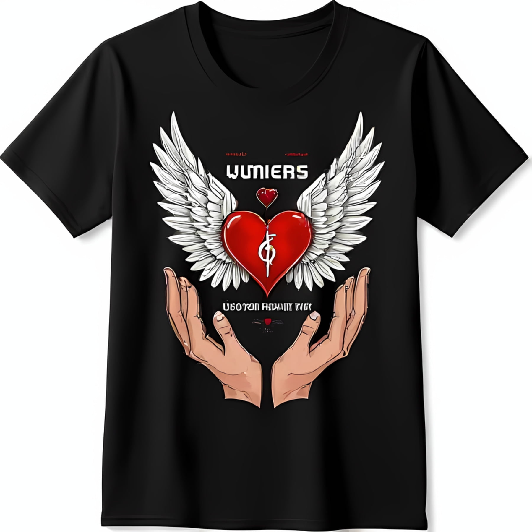 Black T-Shirt with Red Heart and Wings Design Musical Wumiers Graphic ...