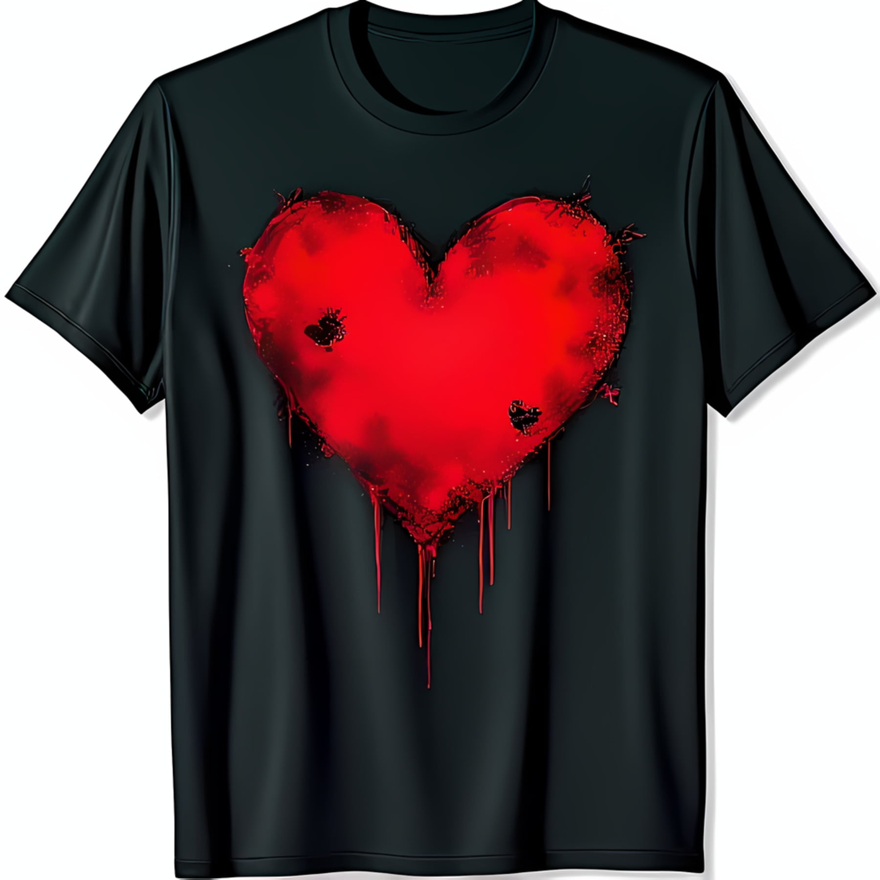 Black T-Shirt with Red Painted Heart Graphic and Holes Unique Distorted ...