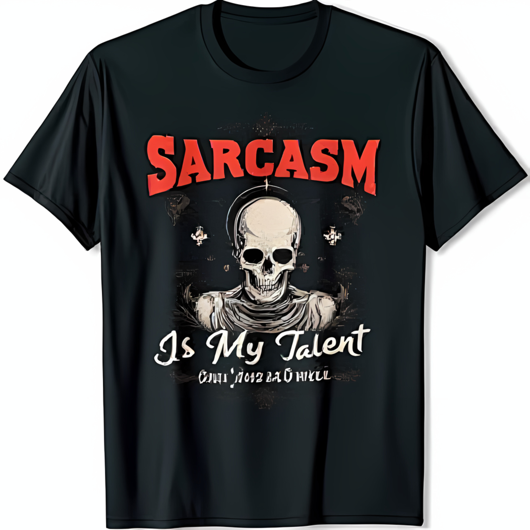 Black T-Shirt with Red 'SARCASM' Text and Wearing Unique Graphic Tee ...