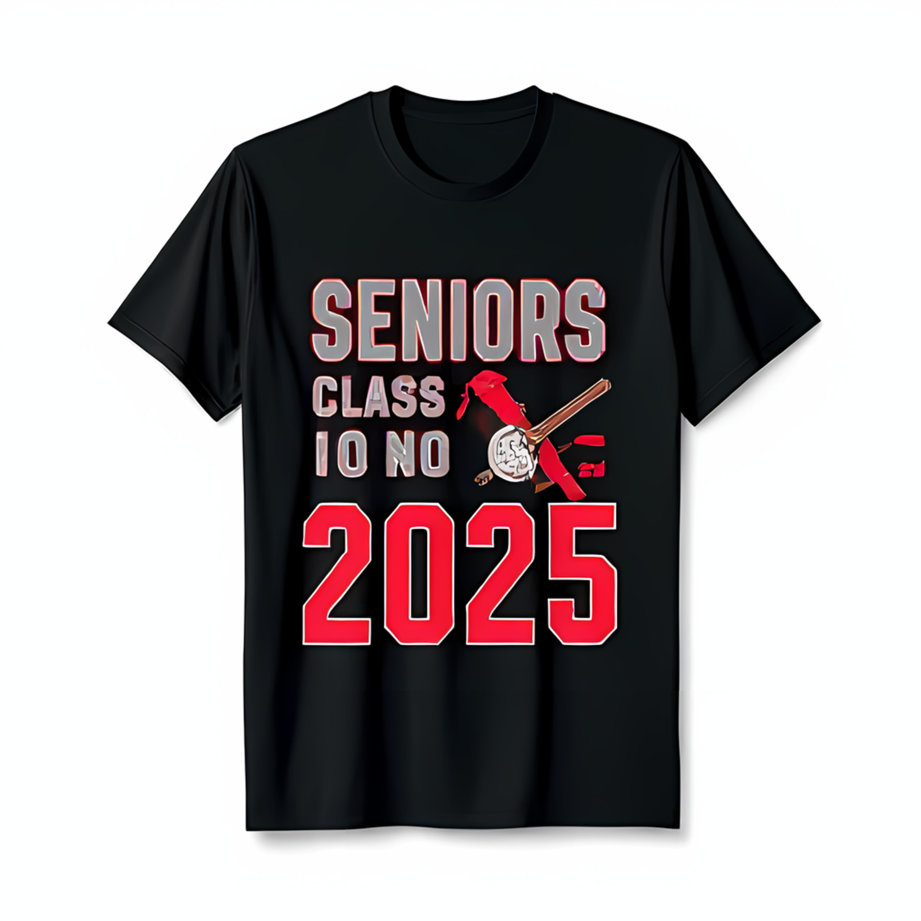 Black T-Shirt with Red & Silver 'Seniors Class of 2025' Graphic Design ...