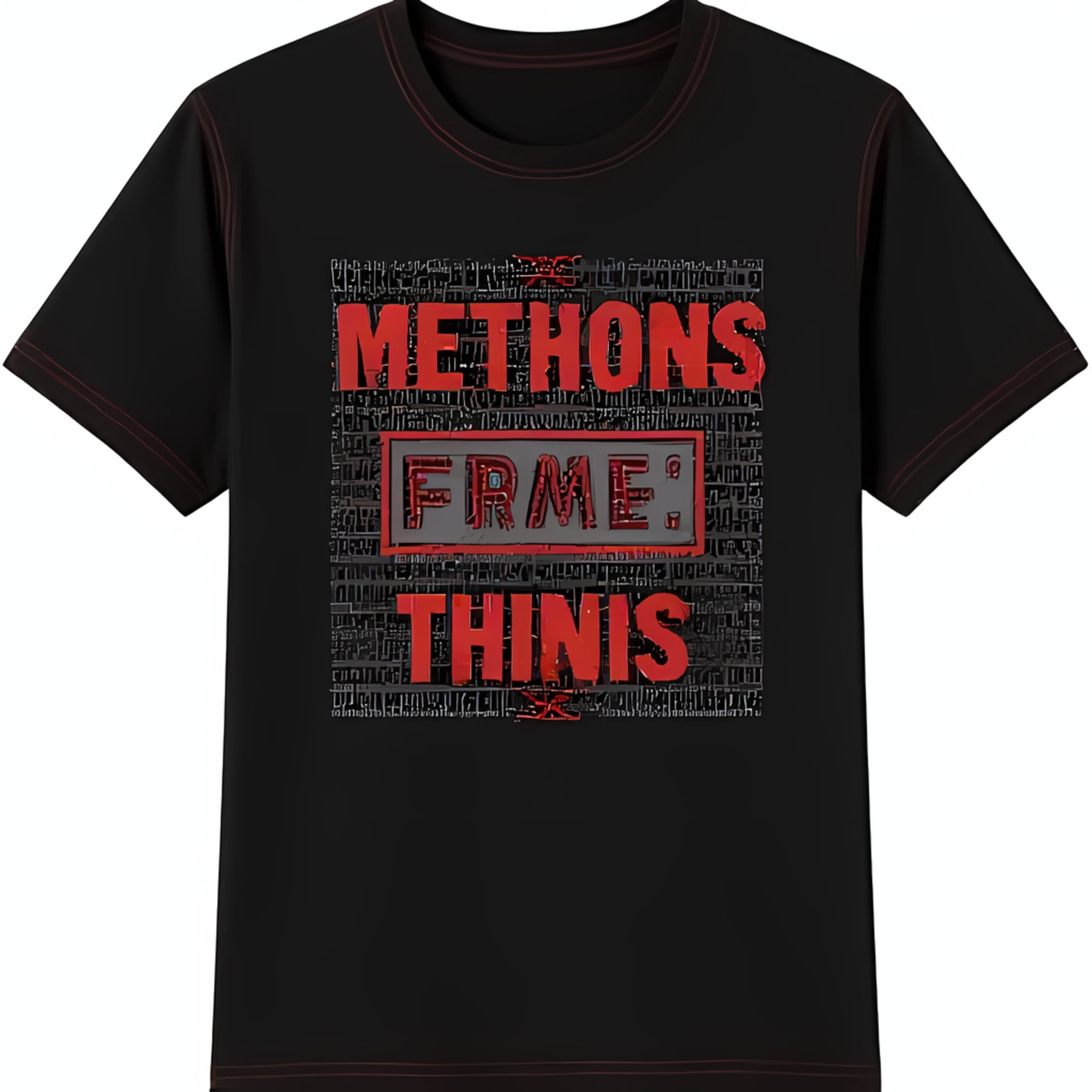 Black T-Shirt with Red Stitching & Pixelated 'METHONS FRME THINIS ...